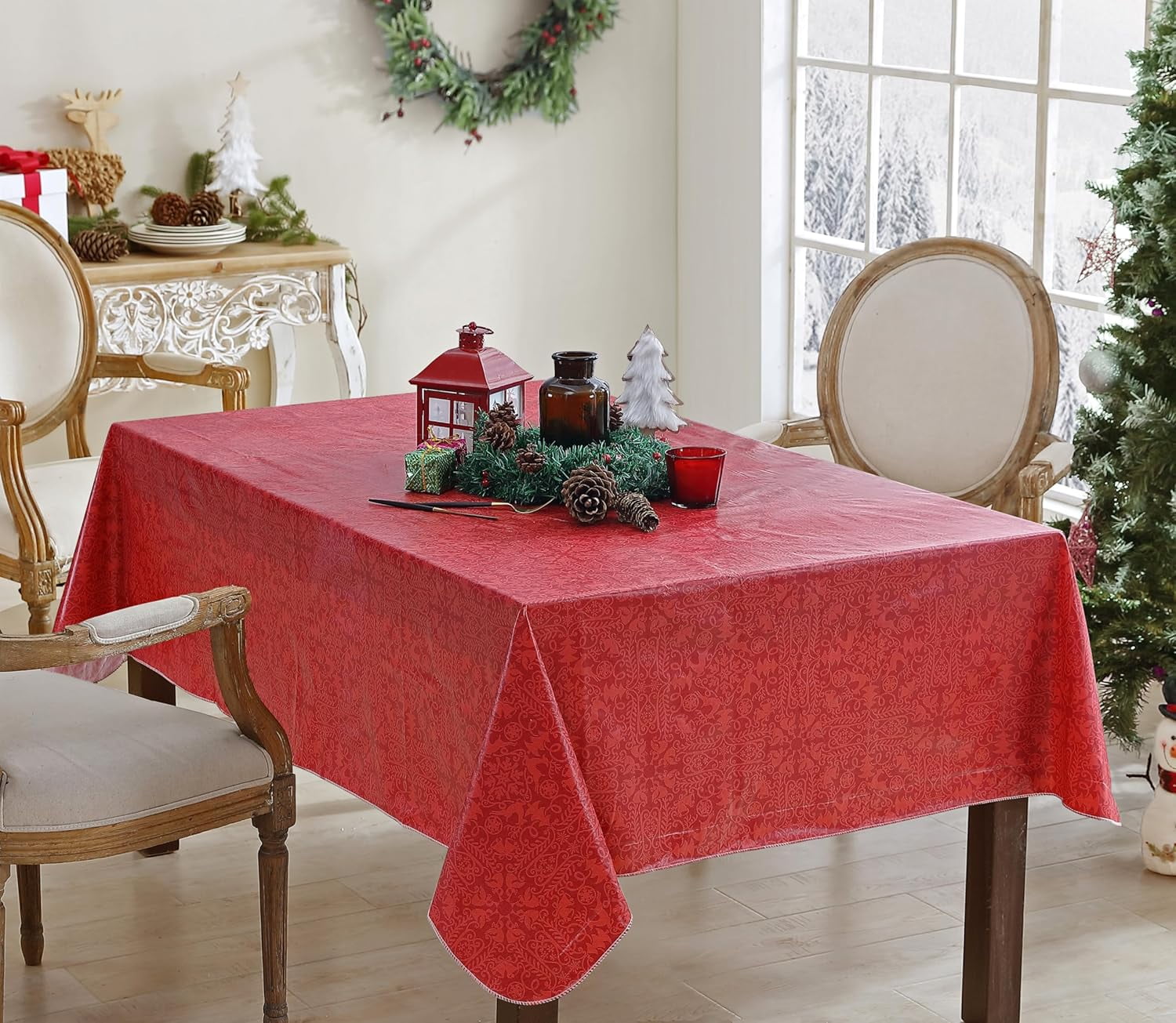 Newbridge Christmas Cozy Red Reindeer Damask 60 x 120 Inch Rectangle ...