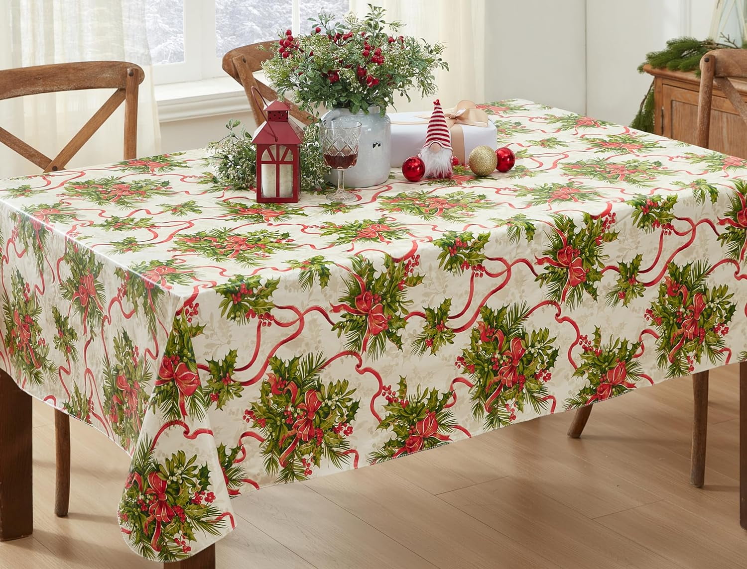 Christmas Red Holly Traditions Floral Print 52 x 52 inch Square Vinyl ...
