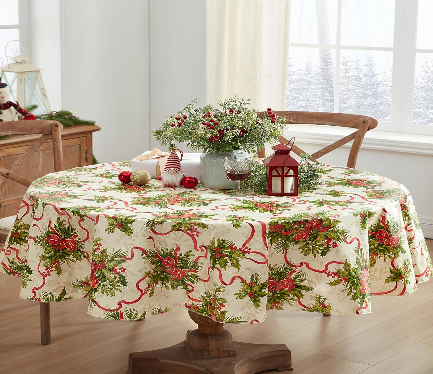 Christmas Red Holly Traditions Floral Print 60 x 84 inch Oval Vinyl ...