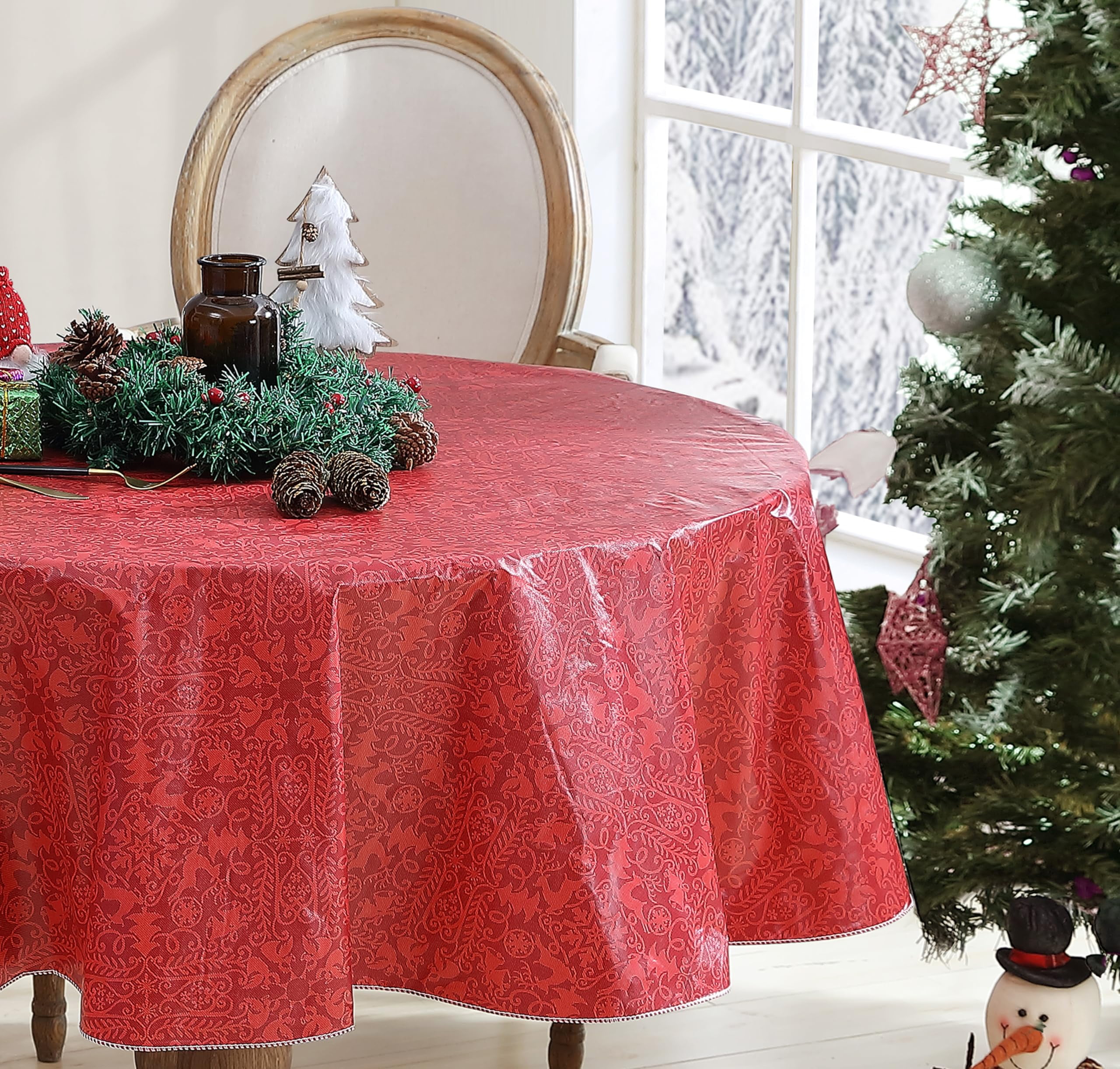 Newbridge Christmas Cozy Red Reindeer Damask 70 Inch Round Vinyl ...