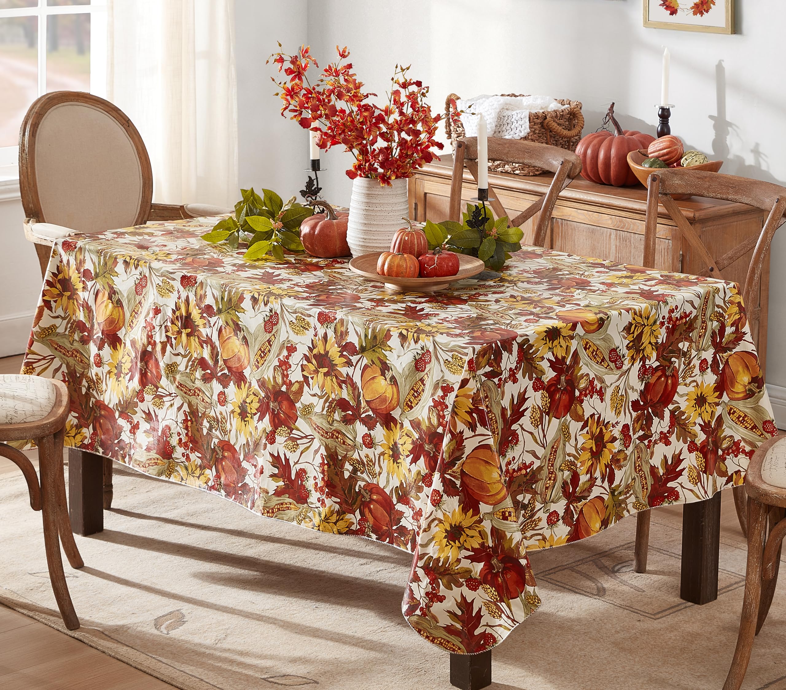 Fall Harvest Pumpkins & Corn With Leaves & Sunflowers Print Tablecloths ...