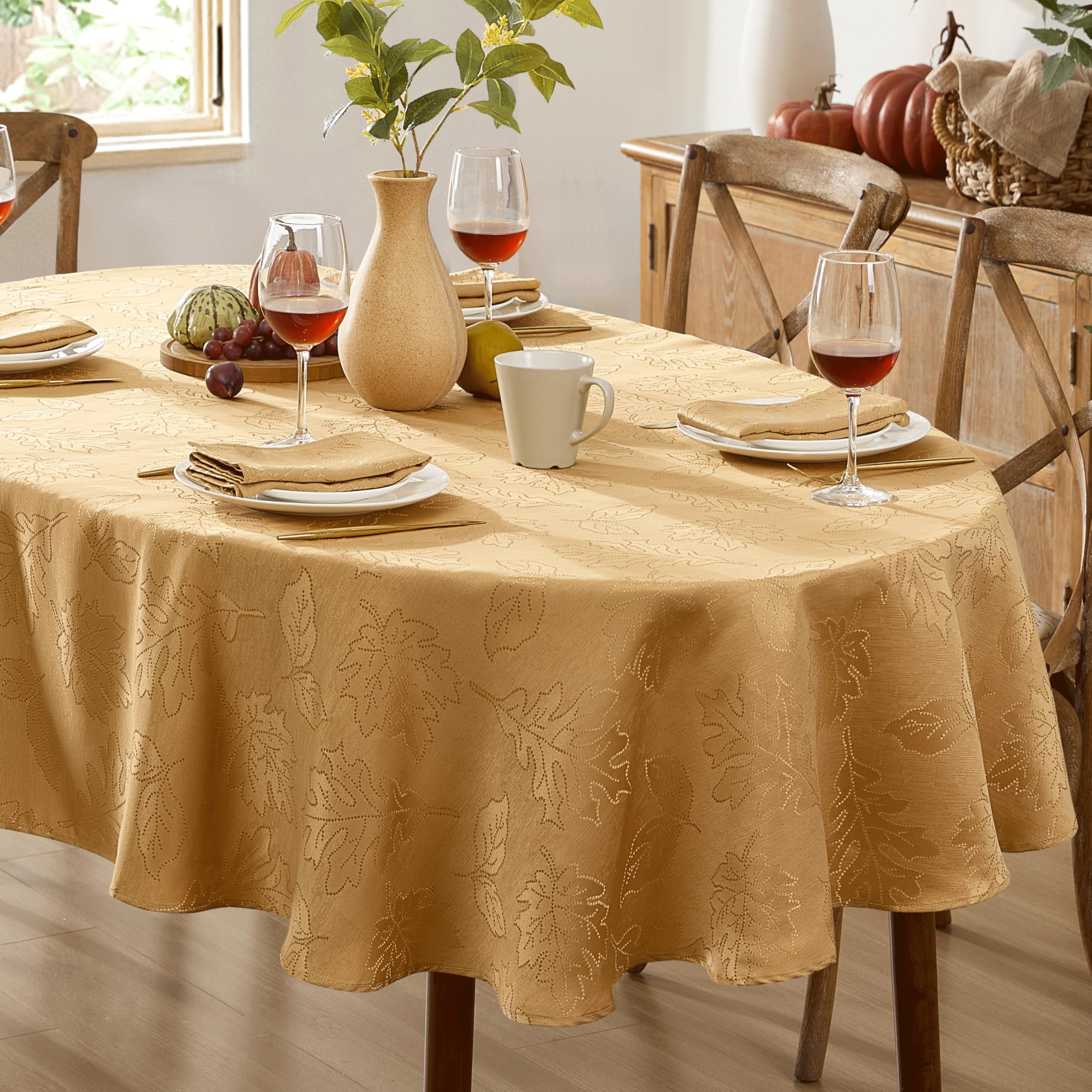 Newbridge Gold Fancy Fall Leaves Damask Fabric Dining Tablecloth for ...
