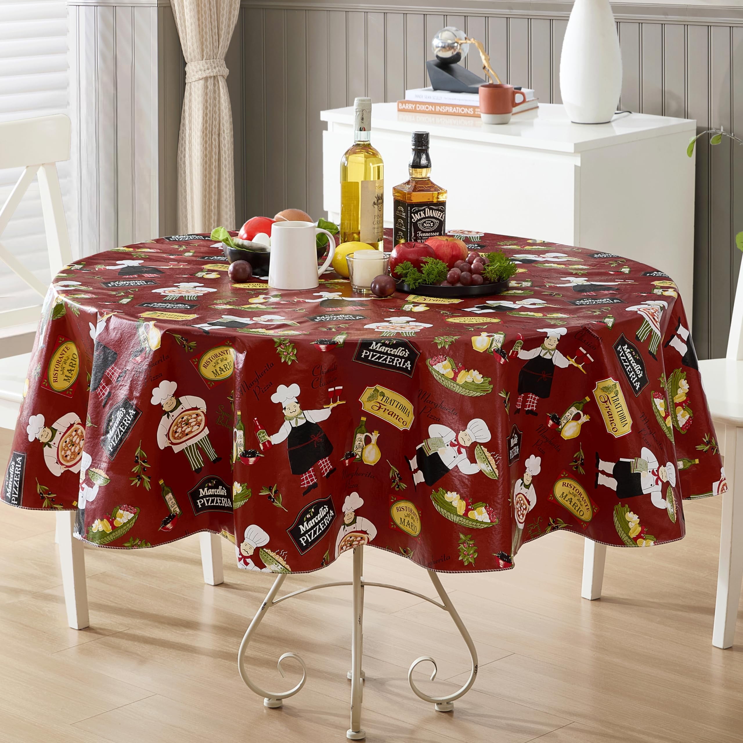 Italian Red Bistro Chef 70 inch Round Vinyl Tablecloth with Flannel ...