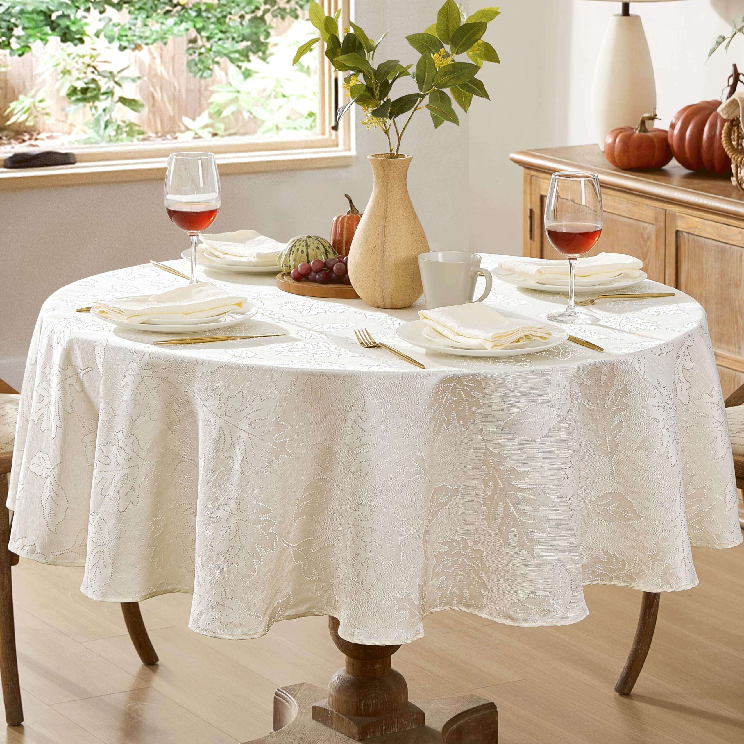 Newbridge Ivory Fancy Fall Leaves Damask Fabric Dining Tablecloth for ...