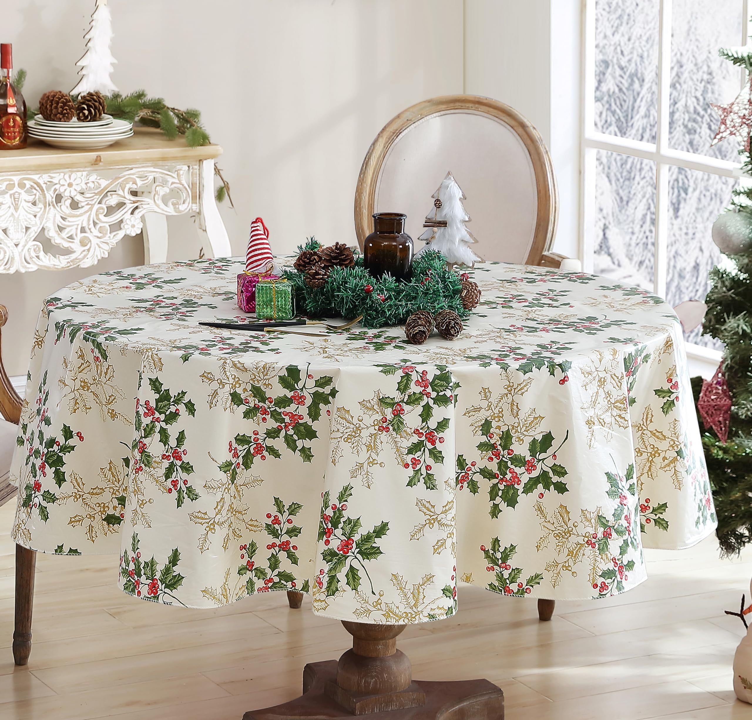 Ivory Golden Holly and Berry Christmas 70 inch Round Vinyl Flannel ...