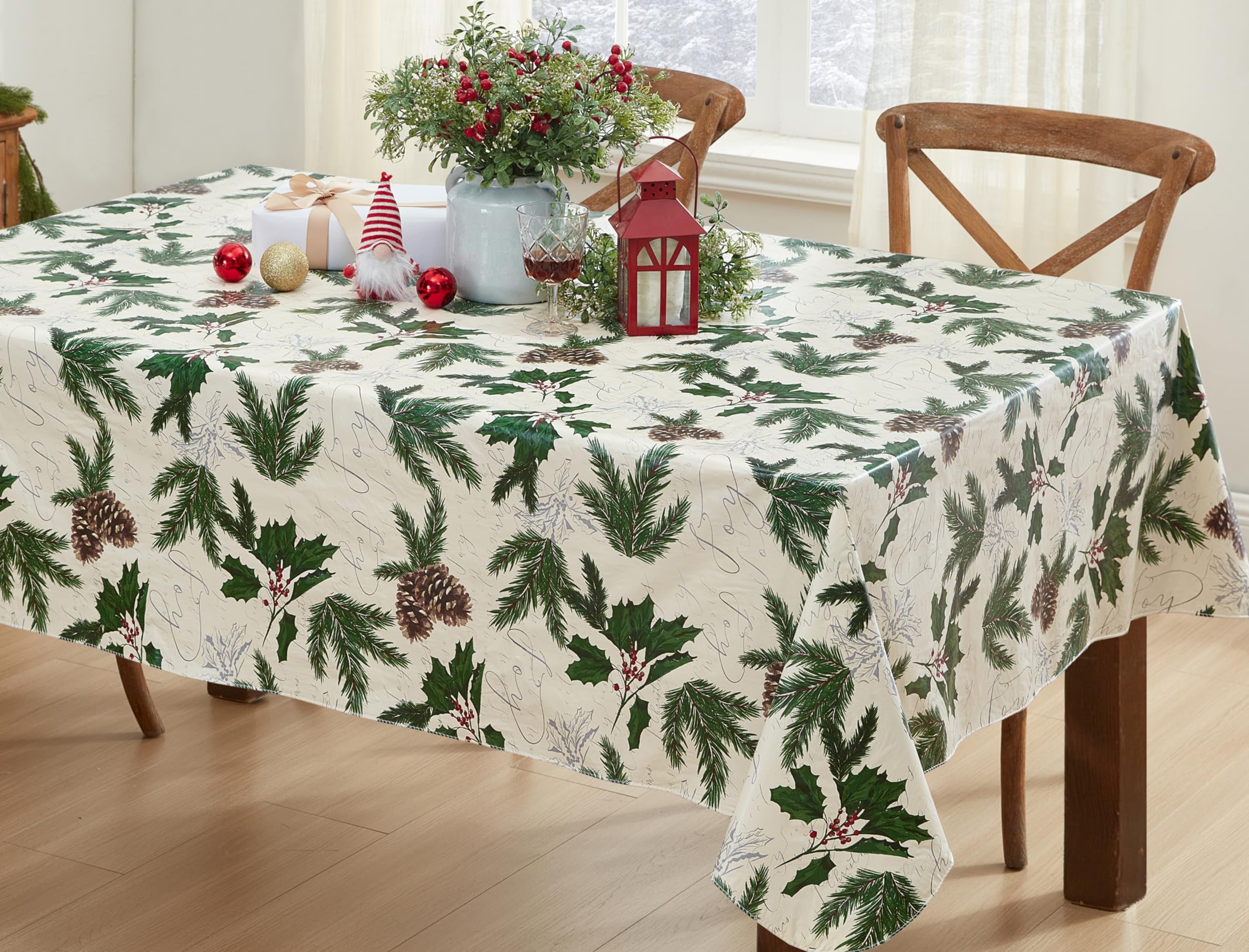Newbridge Xmas Table Cloth, Joyful Holly Rustic Vinyl, Waterproof ...