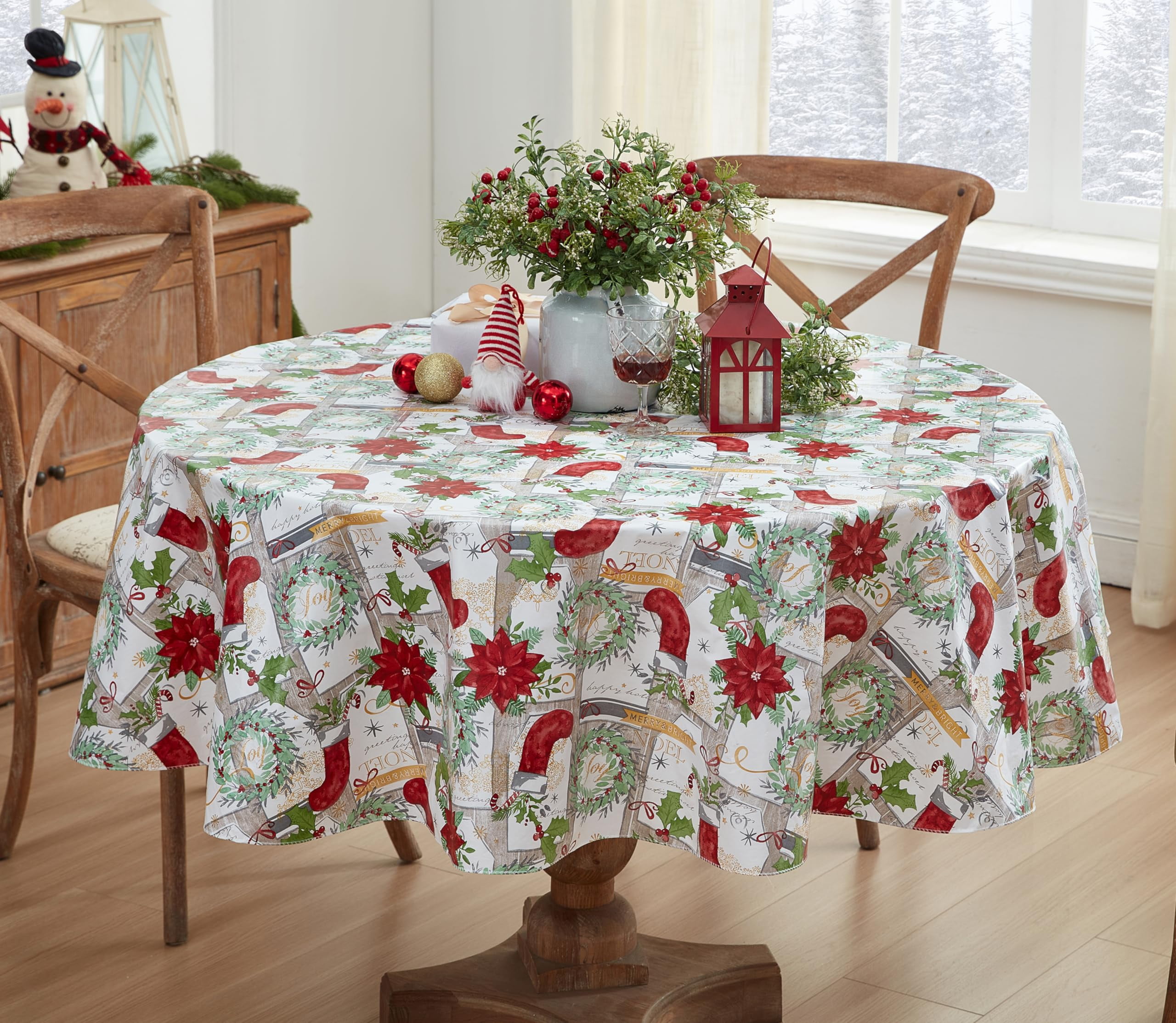 Merry Christmas Stocking Holiday Wreath 70 inch Round Vinyl Flannel ...