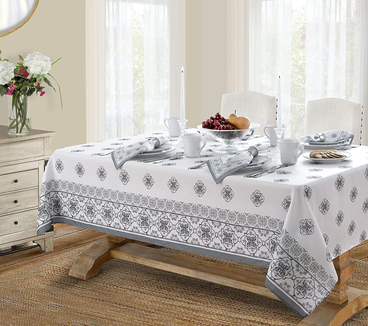 Newbridge Mykonos Grey Fabric Tablecloth - Outdoor, Stain Resistant, No ...