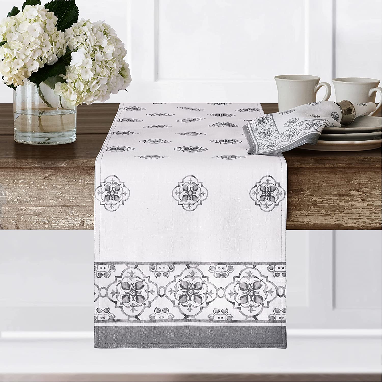 Newbridge Mykonos Grey Mediterranean Tile Print Bordered Table Runner ...