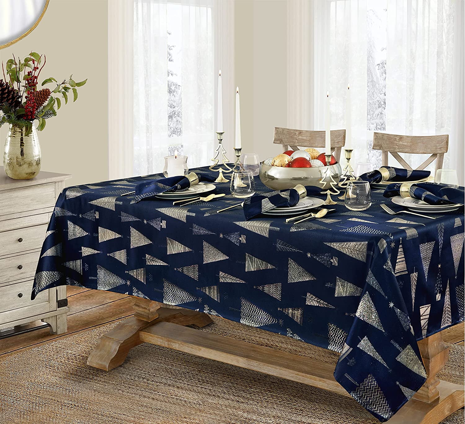 Newbridge Christmas Navy Blue and Gold Fancy Metallic Trees 52 x 52 ...