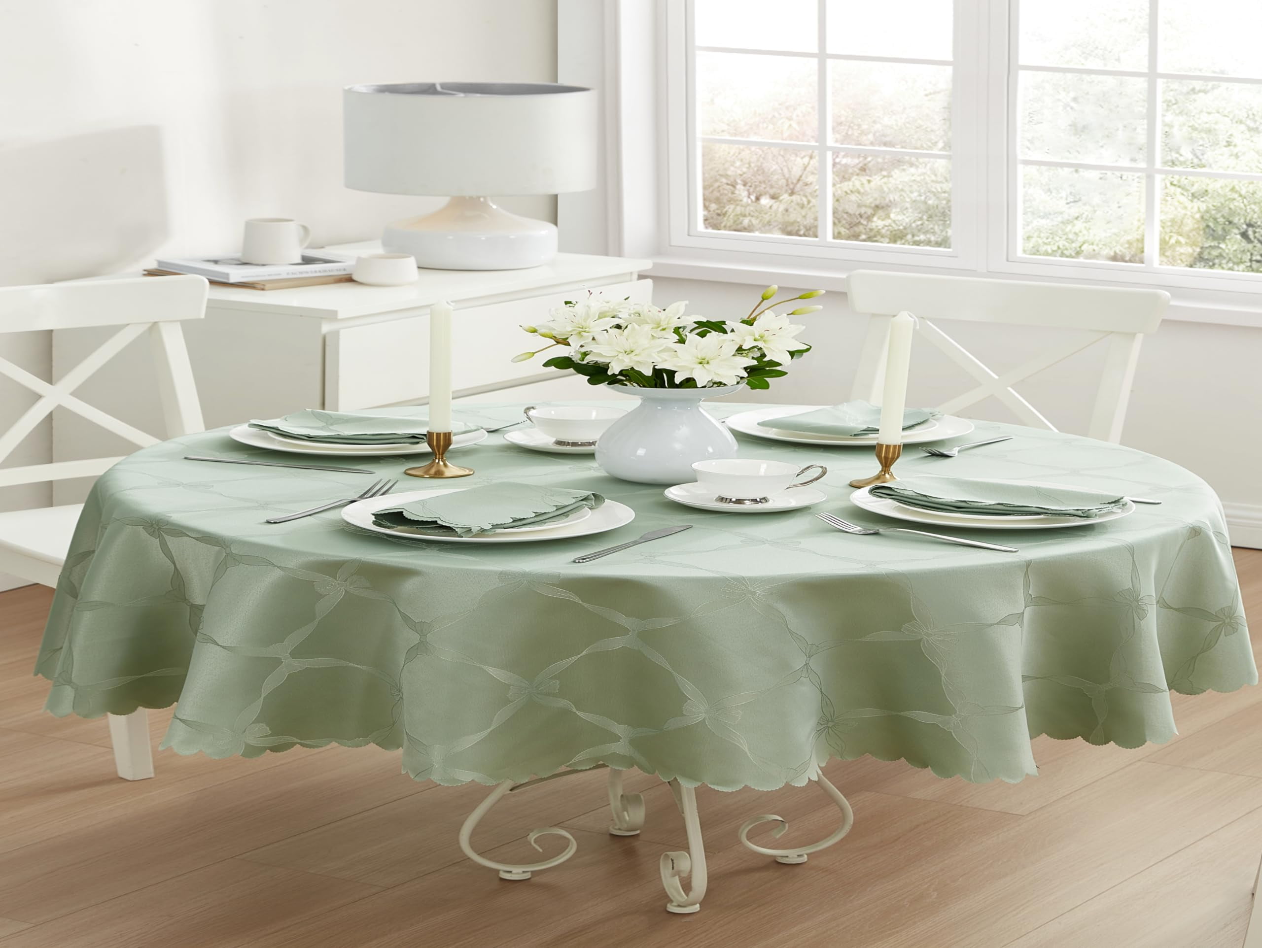 Newbridge Sage Green Ribbons and Bows Damask 60 x 84 inch Oval Fabric ...