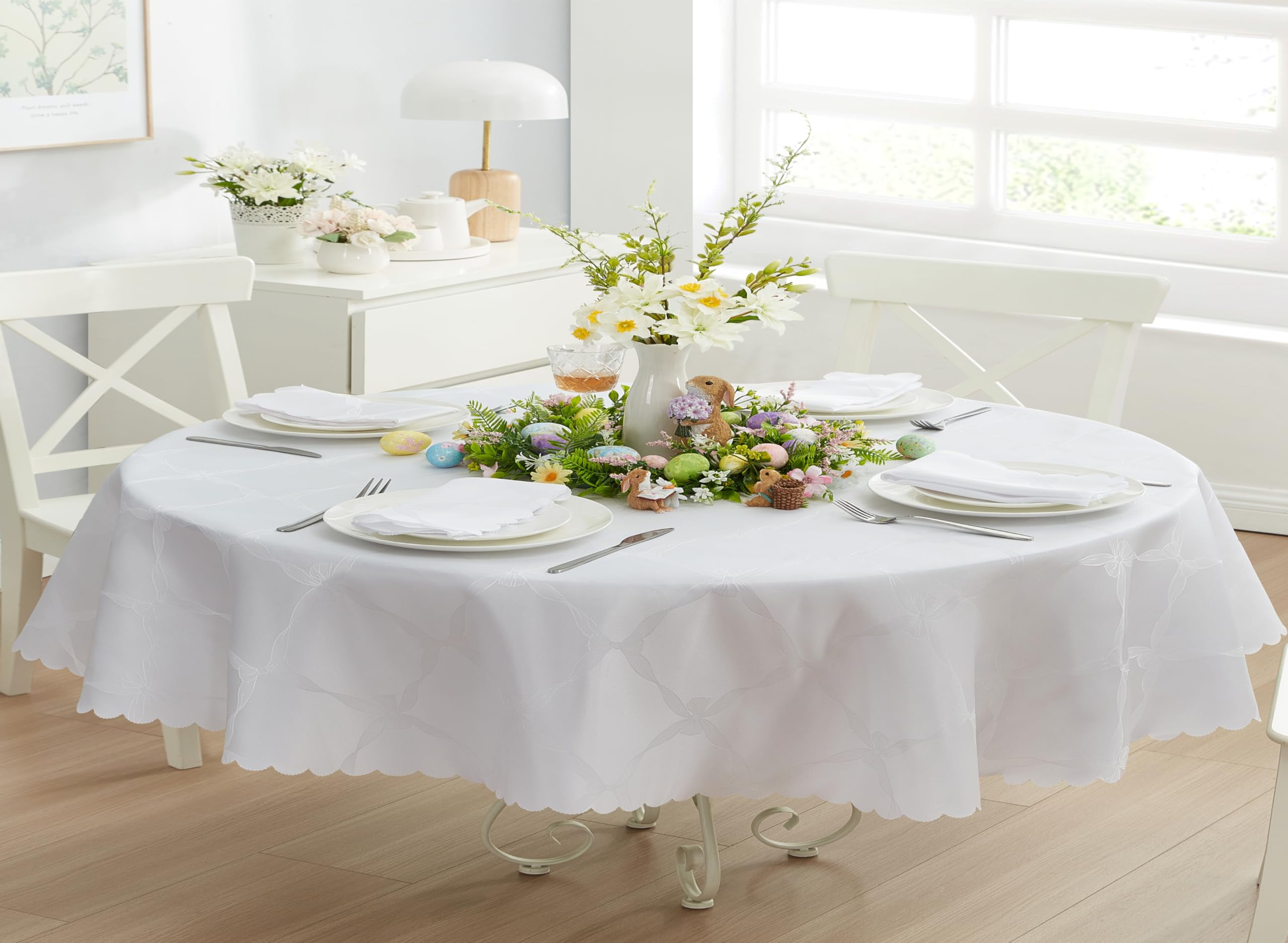 Newbridge White Ribbons and Bows Damask 60 x 84 inch Oval Fabric ...