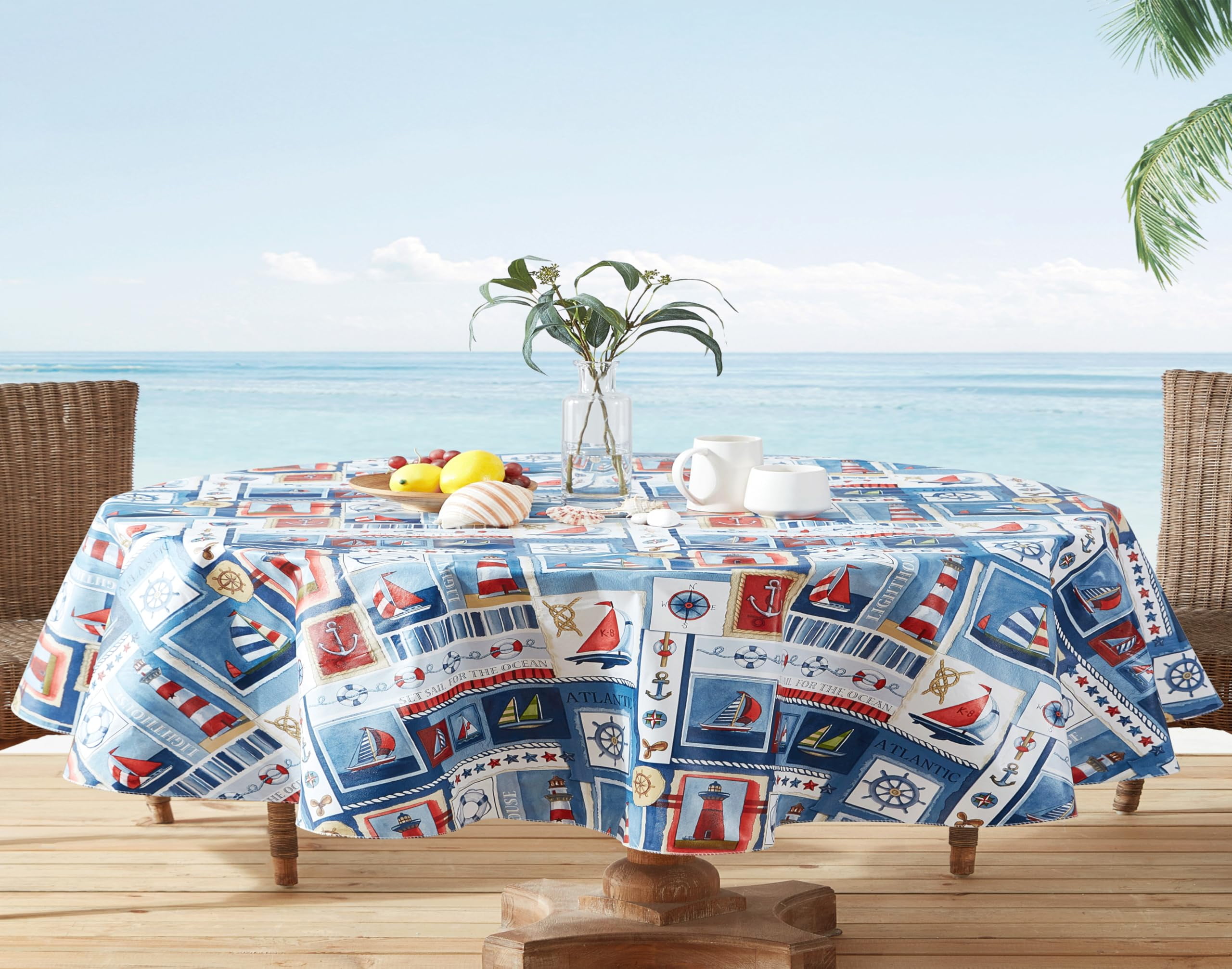 Newbridge Nautical Mile Blue Boats 60 x 84 inch Oval Vinyl Flannel ...