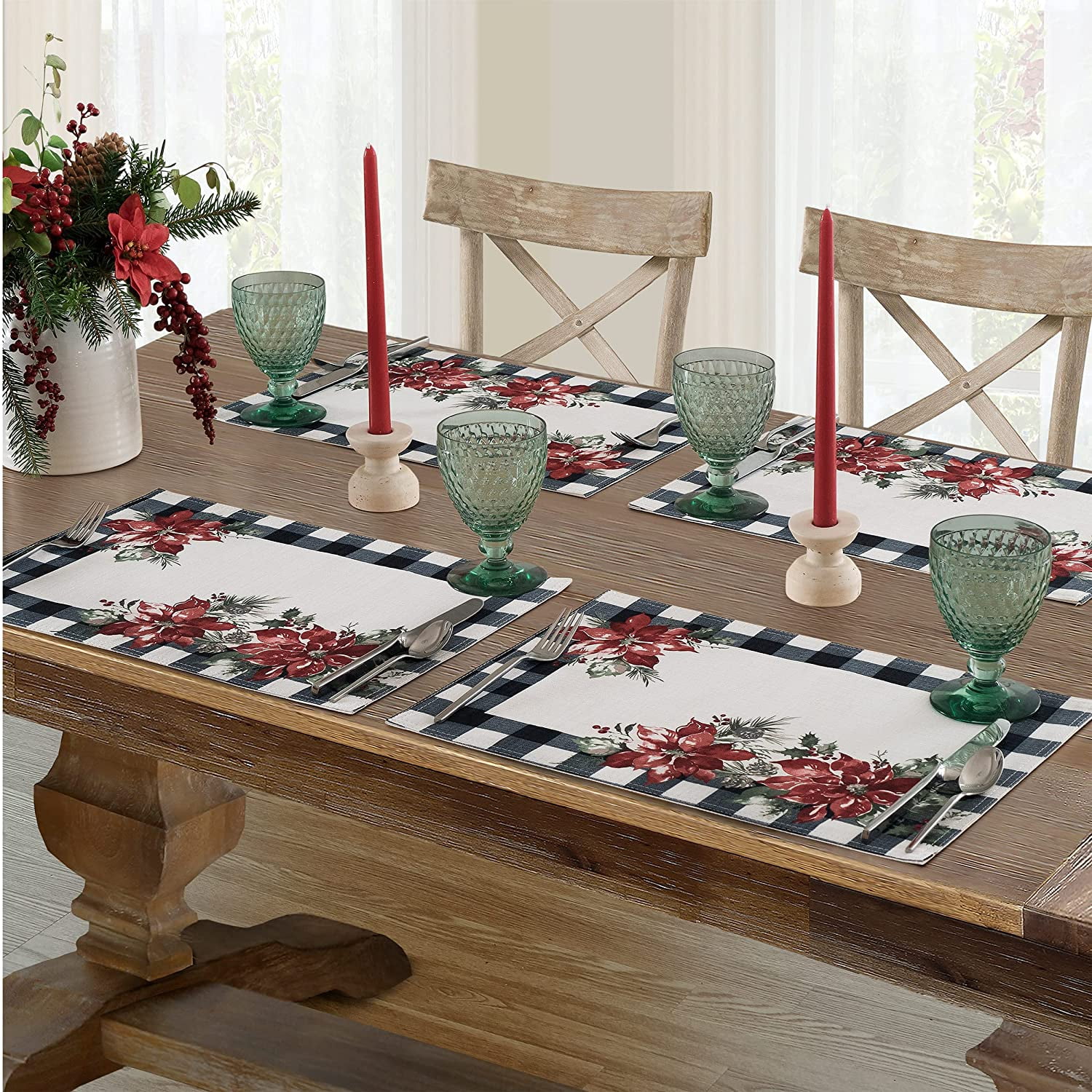 Newbridge Poinsettia Festivity Gingham Bordered Christmas Fabric ...