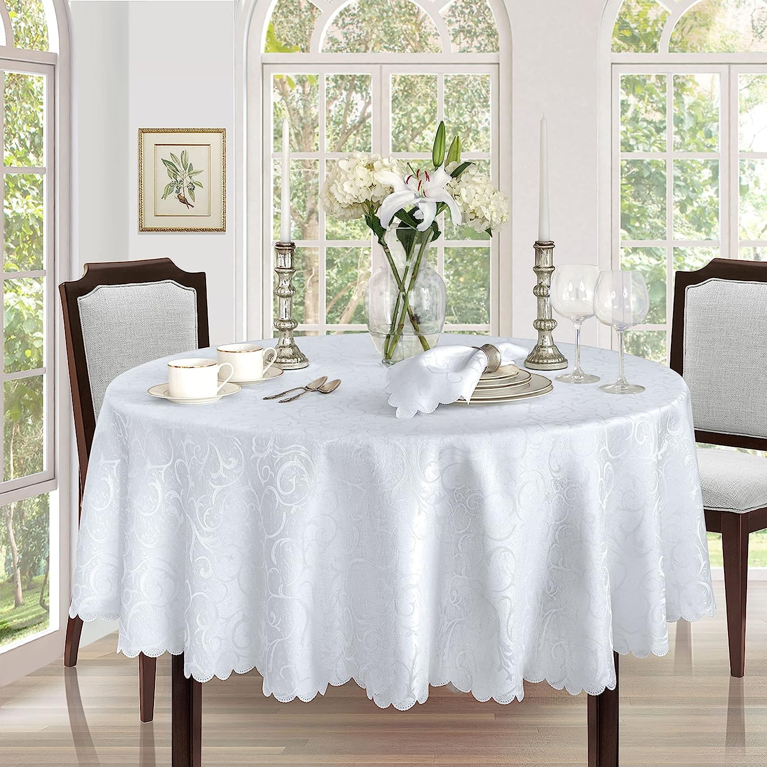 Newbridge Portofino Scalloped Damask Fabric Tablecloth Wrinkle and ...