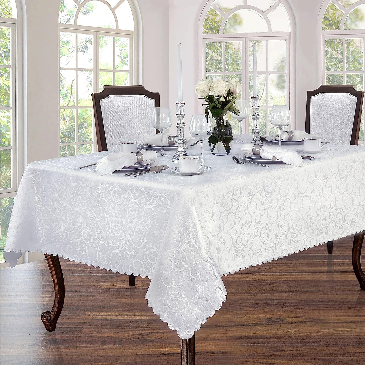 Newbridge Portofino Scalloped Damask Fabric Tablecloth, Wrinkle and ...