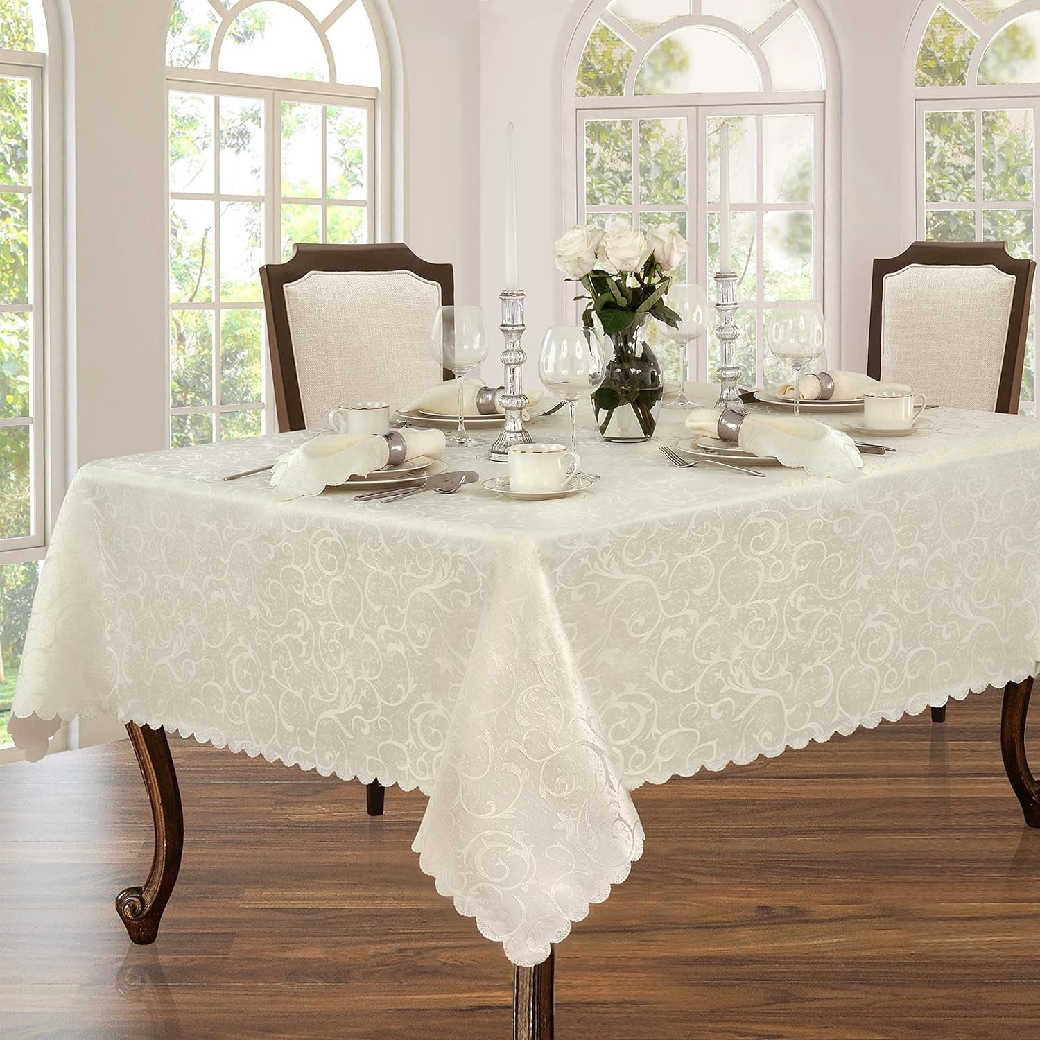 Newbridge Portofino Scalloped Damask Fabric Tablecloth, Wrinkle and ...