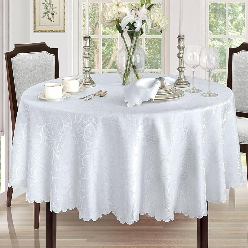 Newbridge Portofino Scalloped Damask Fabric Tablecloth, Wrinkle and ...