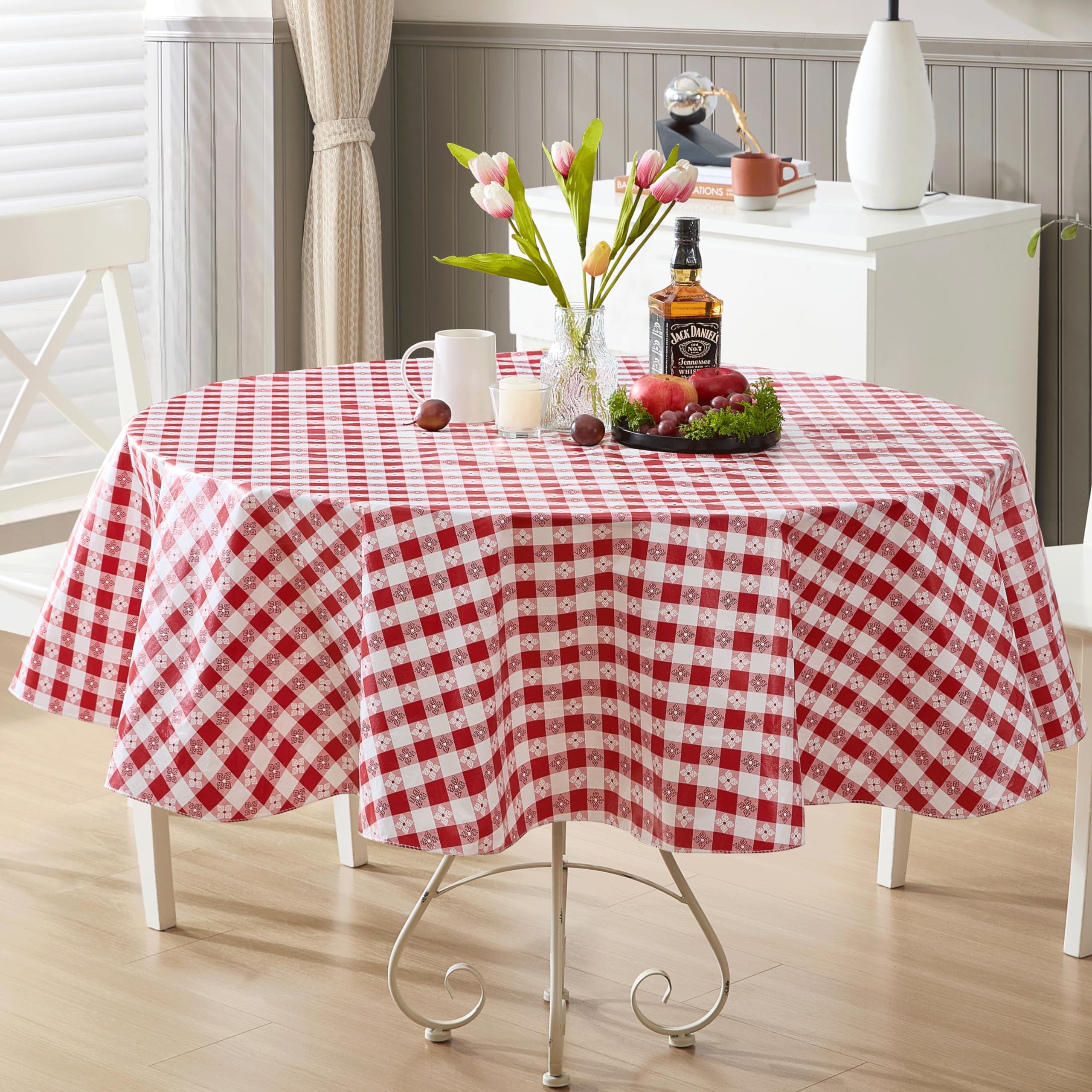 Red Café Bistro Tavern Check 70 inch Round Vinyl Dining Tablecloth with ...