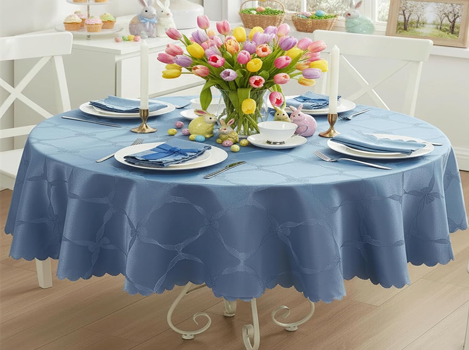 Newbridge Ribbons and Bows Damask Fabric Tablecloth, Blue, 60 x 102 ...