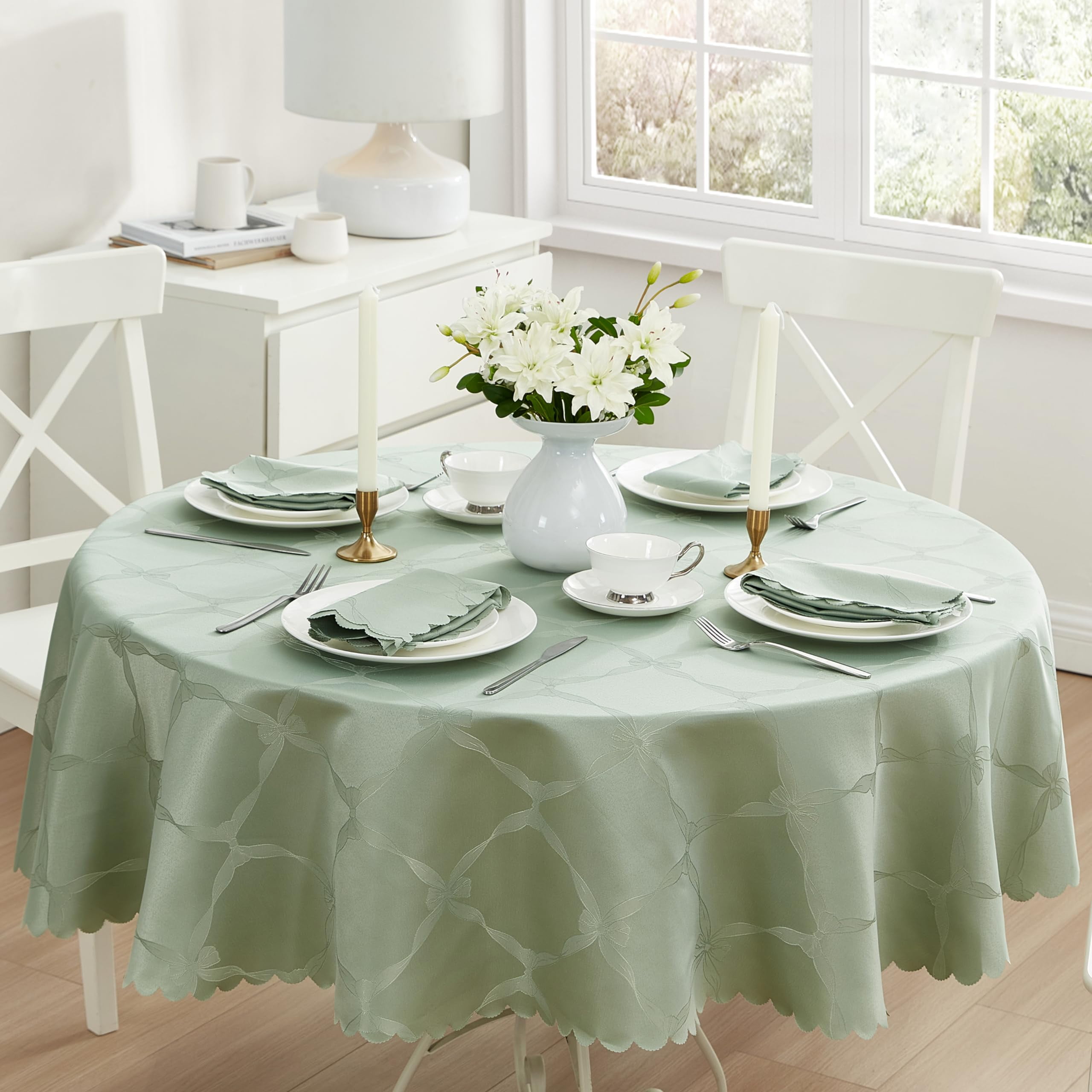 Newbridge Sage Green Ribbons and Bows Damask 70 inch Round Fabric ...