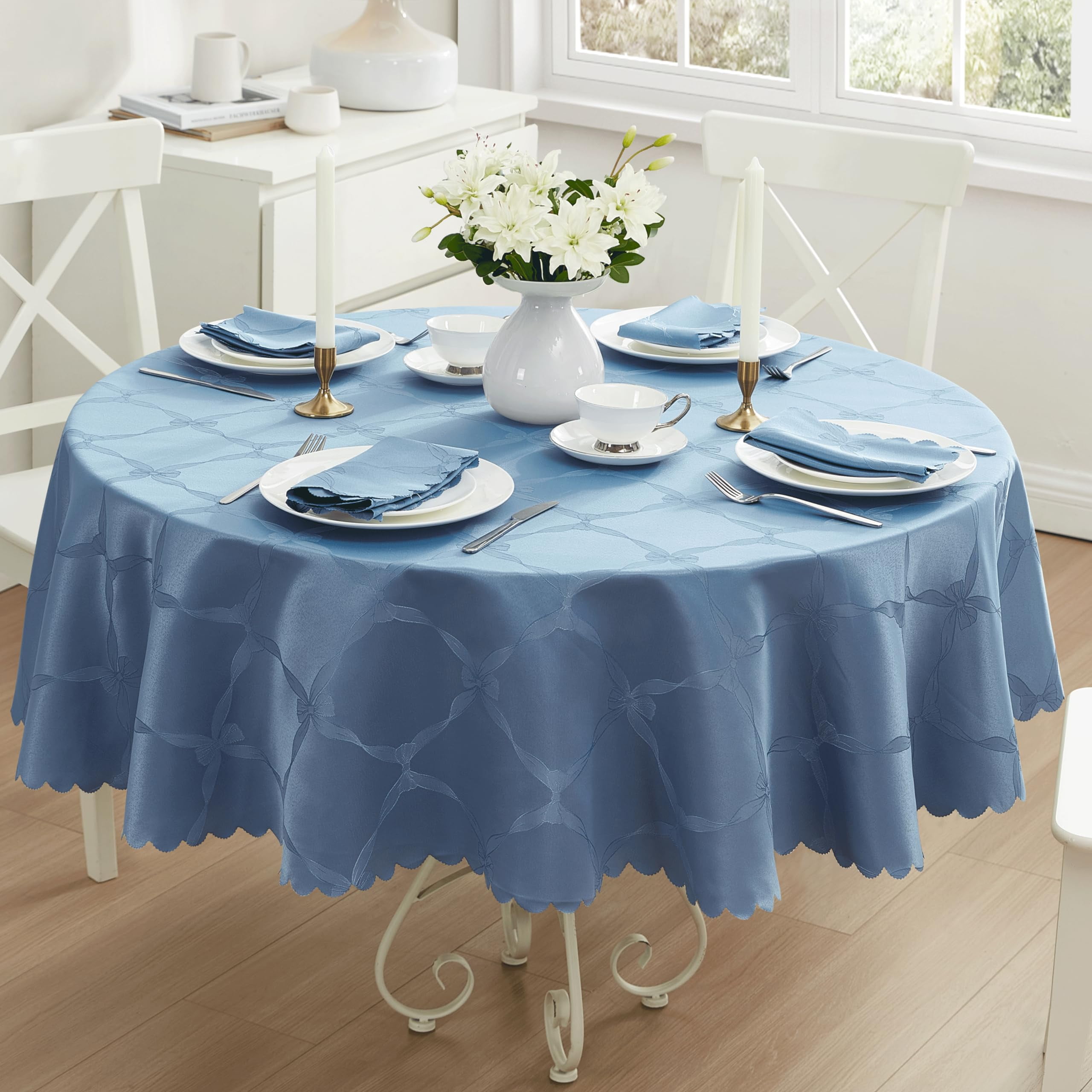 Newbridge Blue Ribbons and Bows Damask 90 inch Round Fabric Tablecloth ...