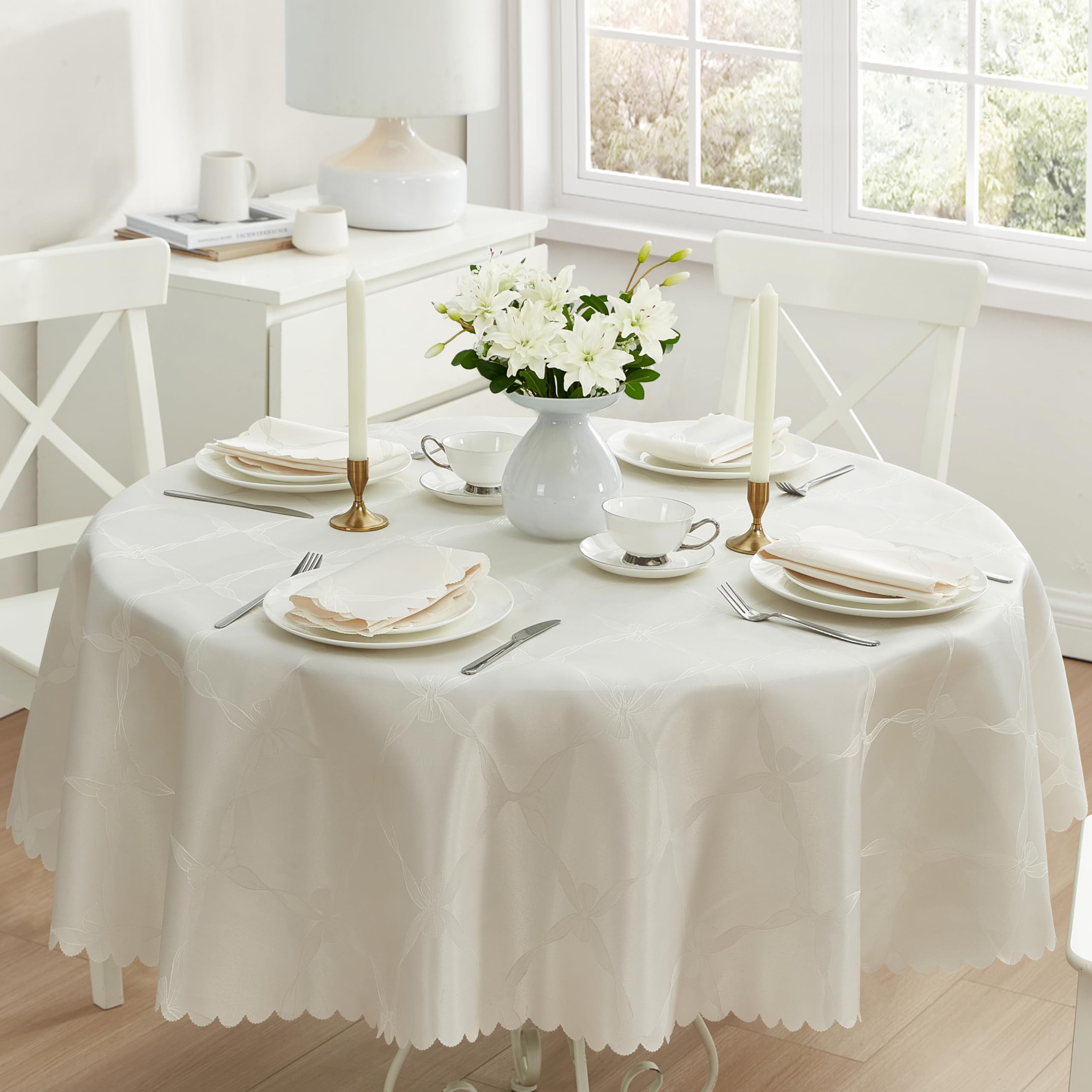 Free Shipping! Newbridge Ivory Ribbons and Bows Damask 90 inch Round ...