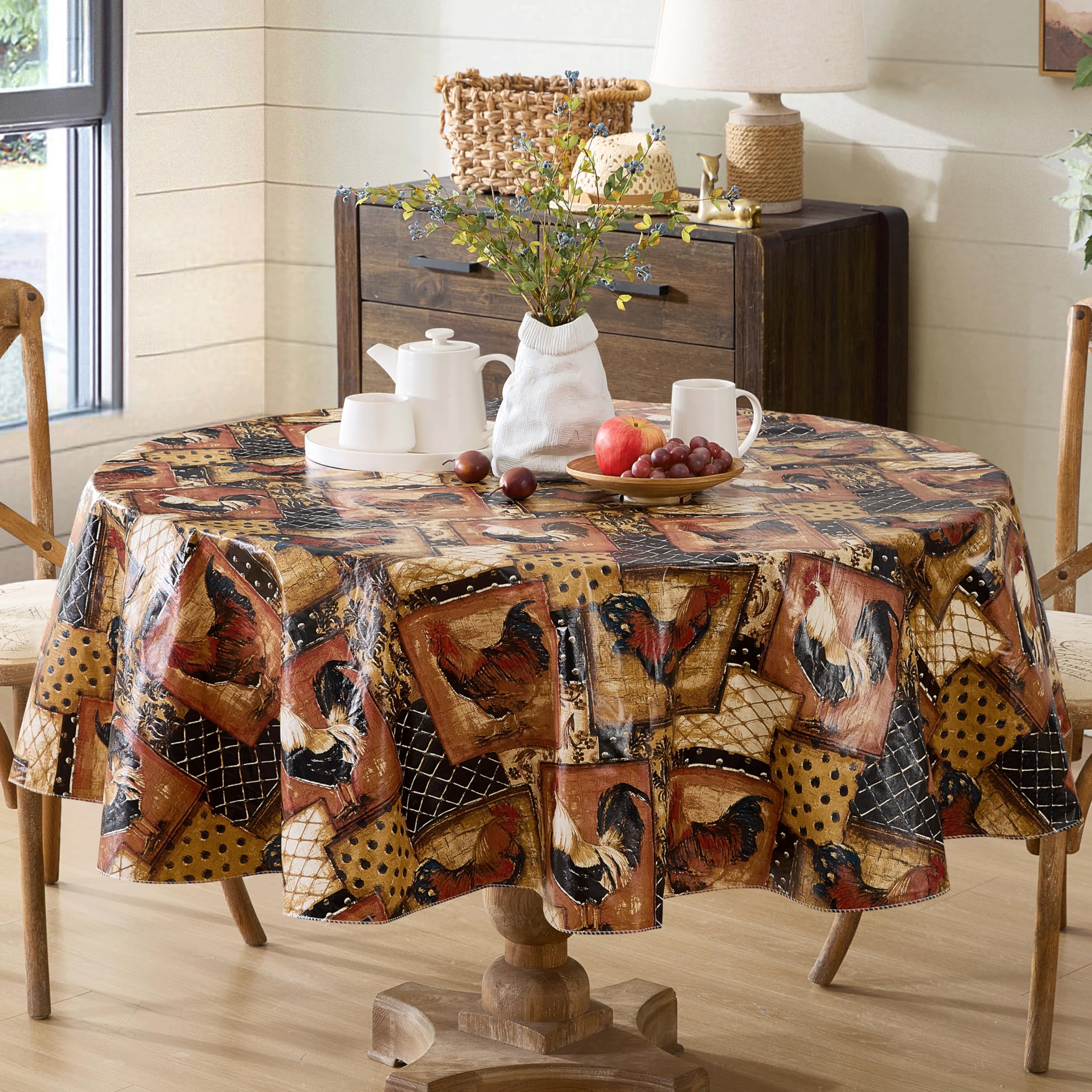 Newbridge Farmhouse Vintage Rooster Round Vinyl Flannel Backed Dining ...