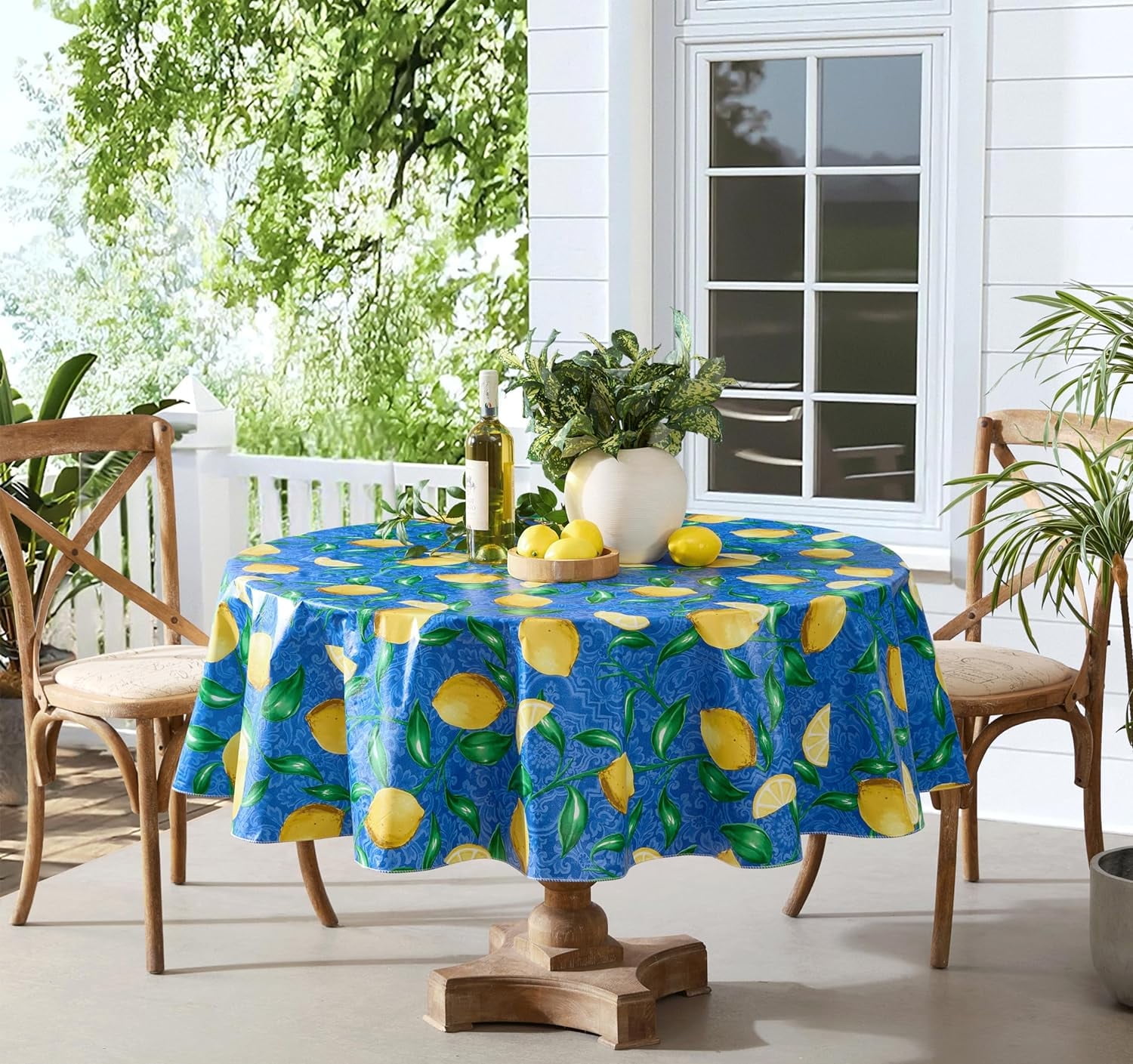 Mediterranean Zest Lemon Print 70 Inch Round Vinyl Tablecloth Flannel ...