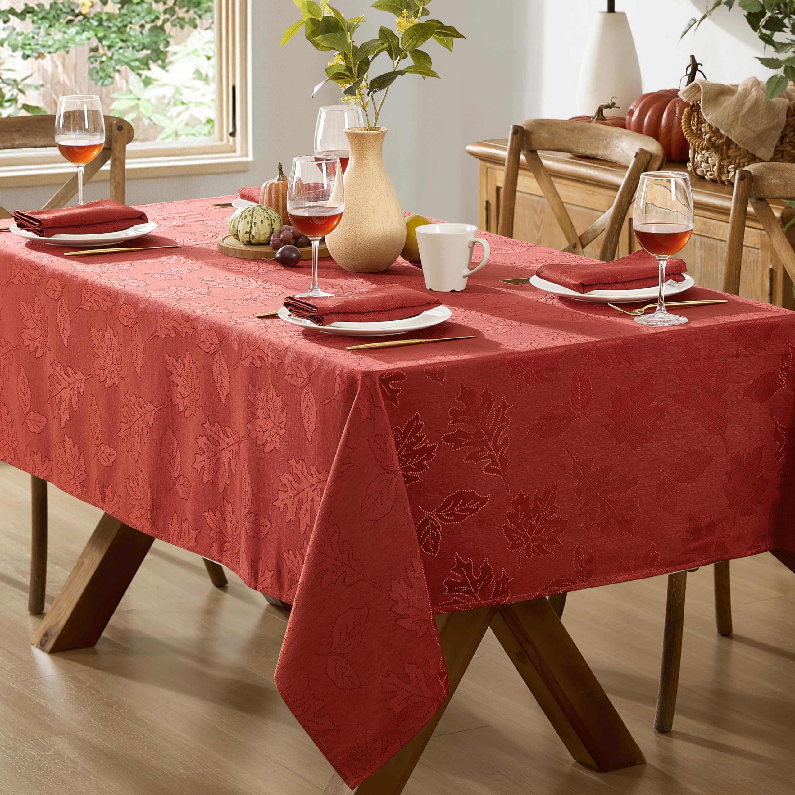 Newbridge Sienna Red Fancy Fall Leaves Damask Fabric Dining Tablecloth ...