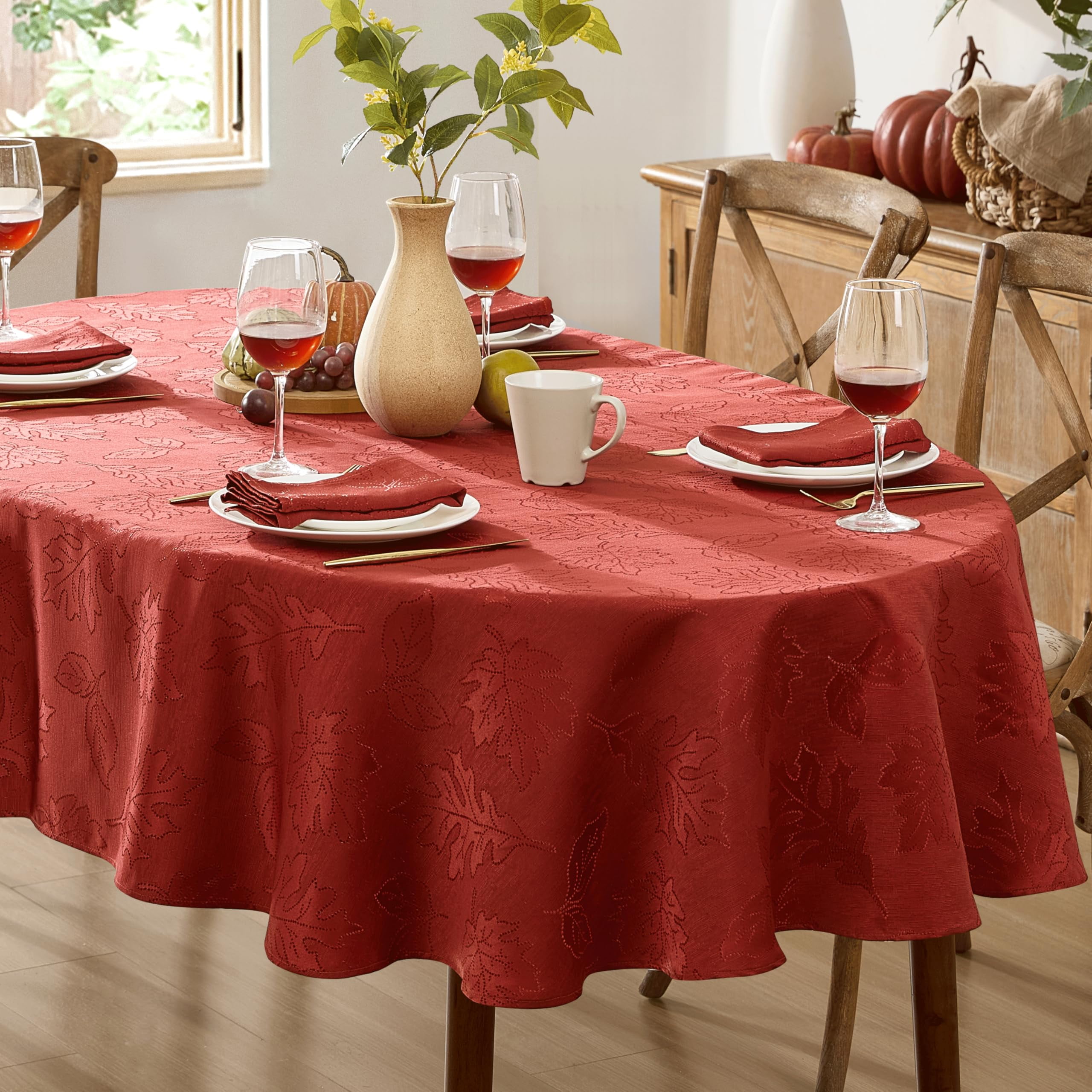 Newbridge Sienna Red Fancy Fall Leaves Damask Fabric Dining Tablecloth ...