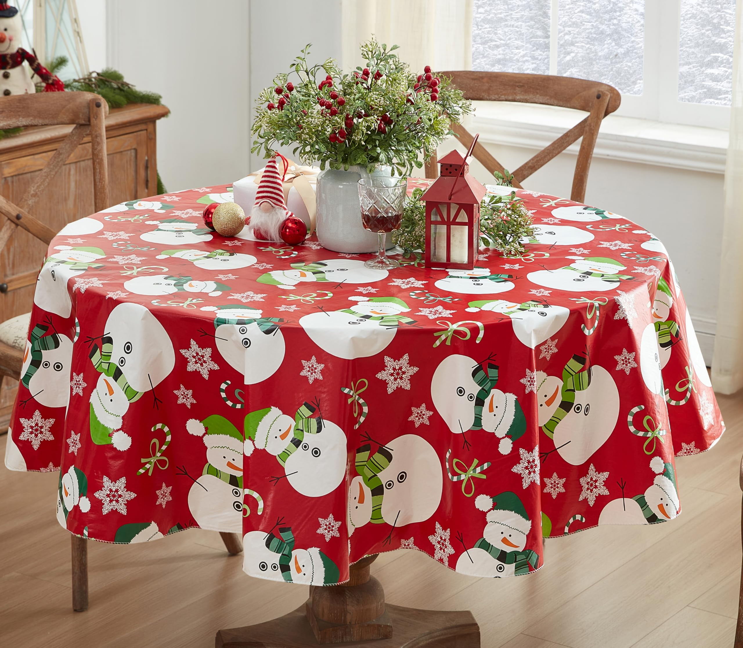 Christmas Red Swirling Snowman Print 70 inch Round Vinyl Flannel Backed ...