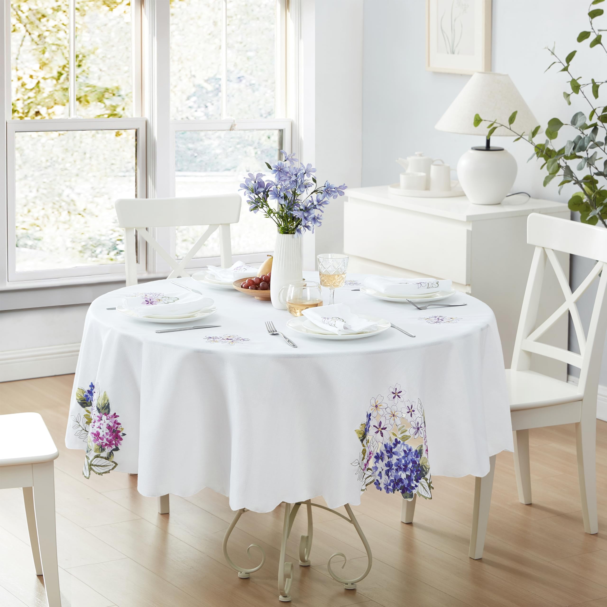 Newbridge Spring Hydrangea Round Embroidered Tablecloth, 70 Inch Round ...