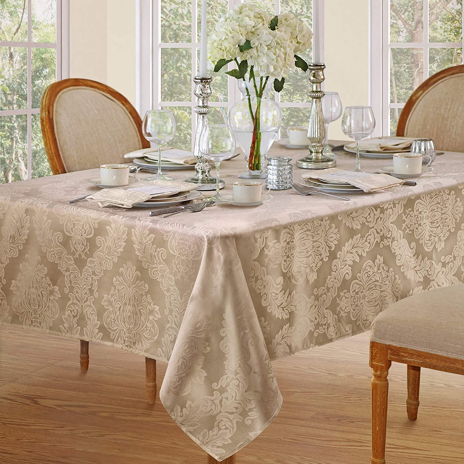 Newbridge Gold Beige Damask Barcelona Scroll 52 x 52 inch Square Fabric ...