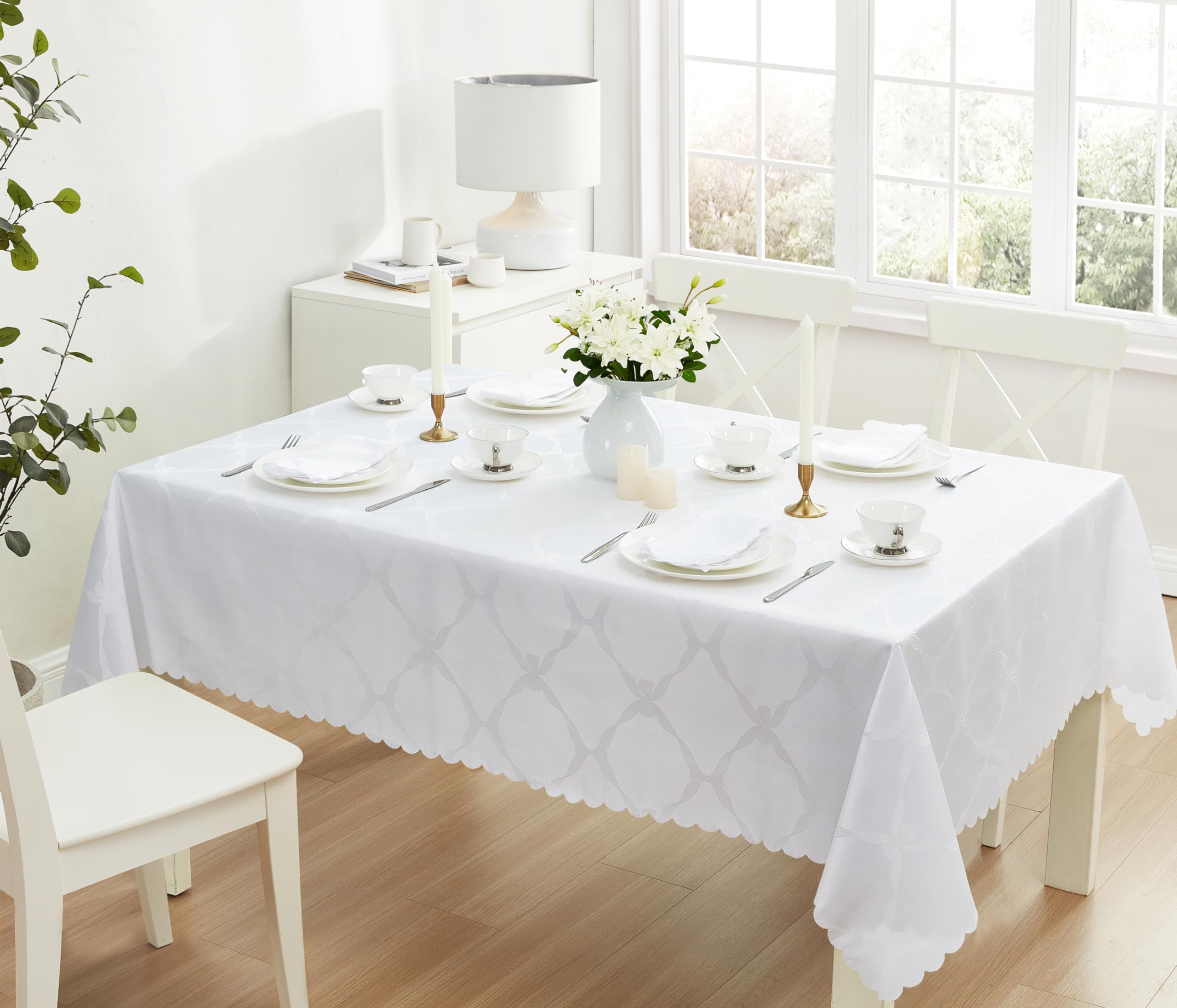 Newbridge White Ribbons and Bows Damask 52 x 52 inch Square Fabric ...