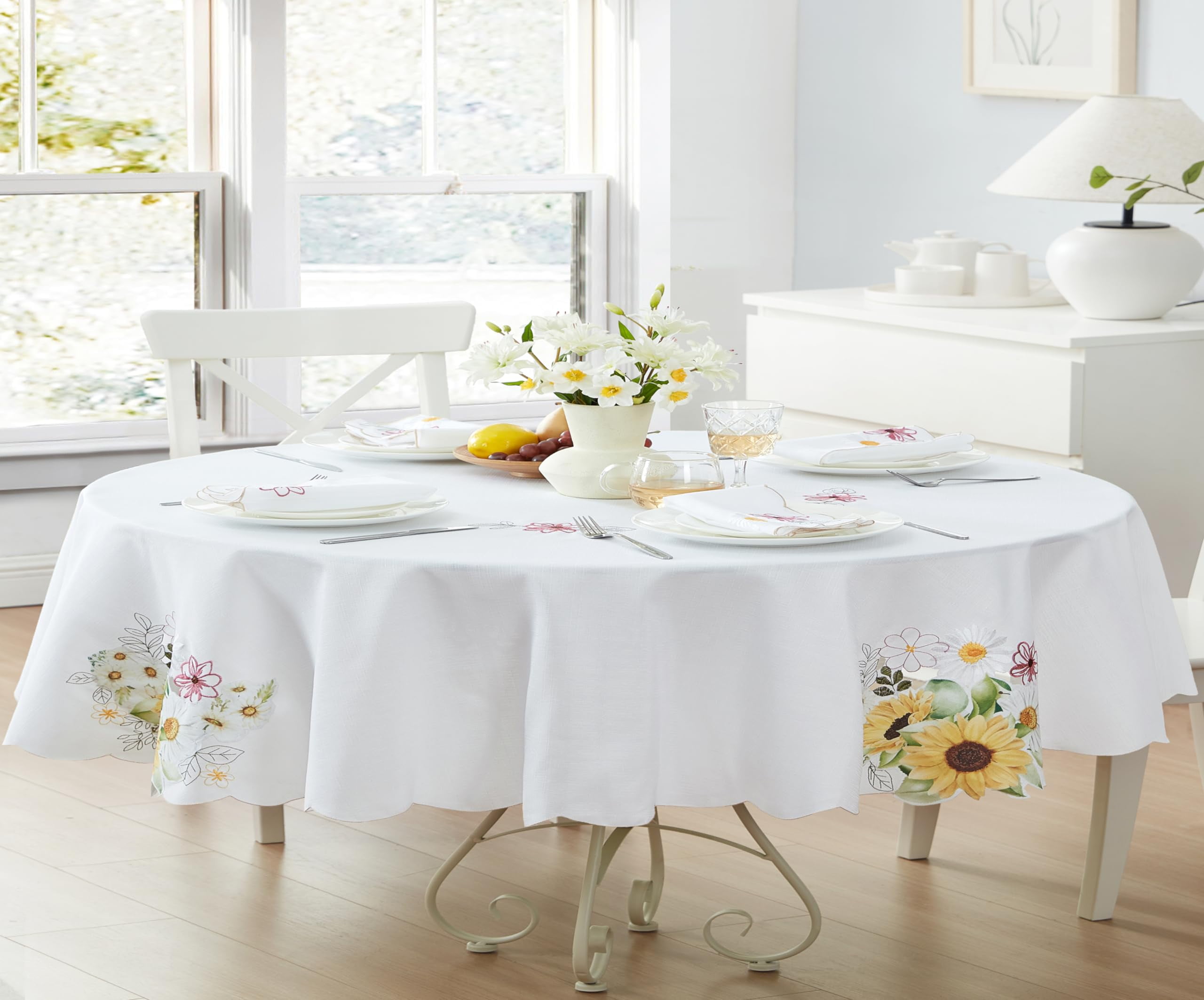 Newbridge Sunflowers and Daisies Oval Embroidered Tablecloth, 60 x 84 ...