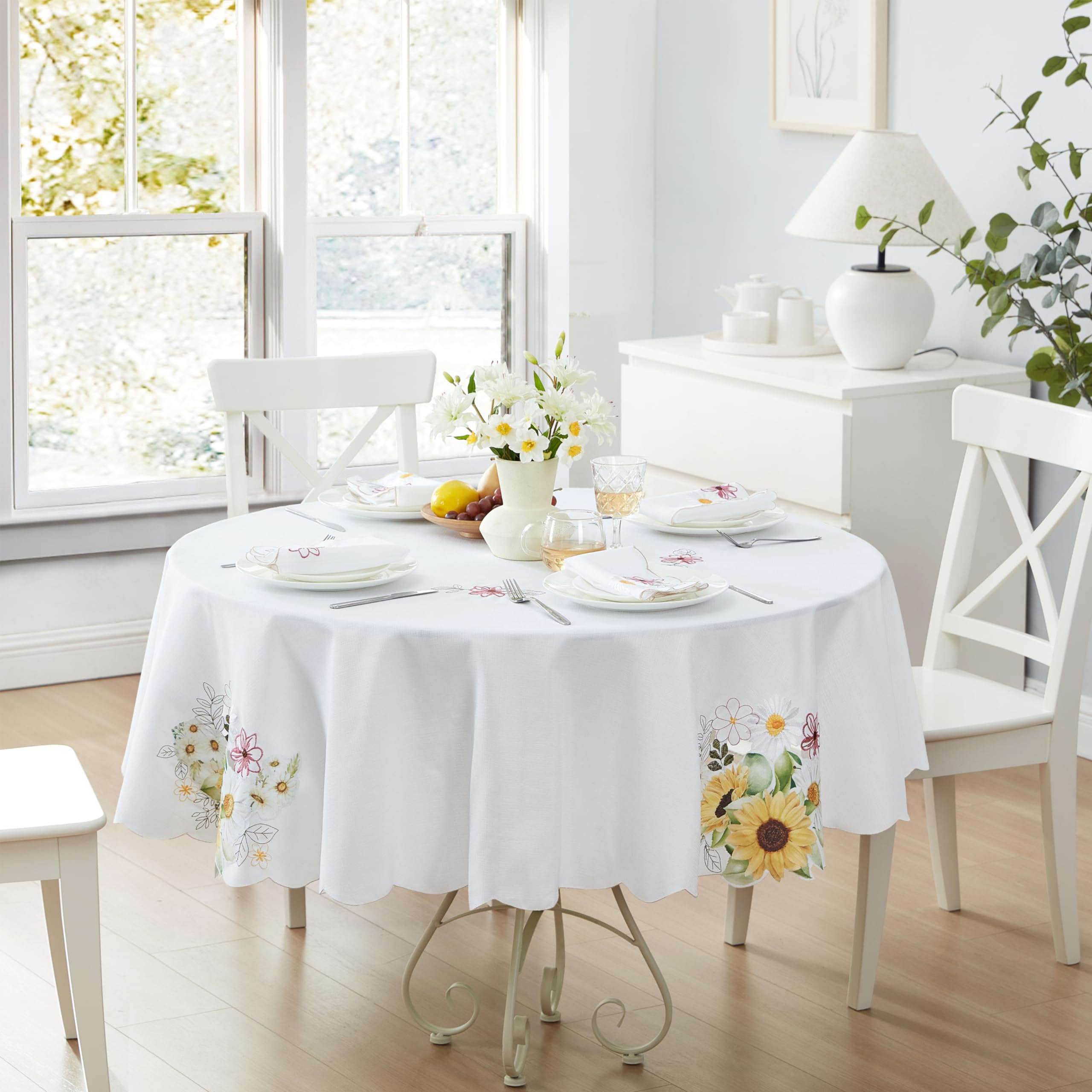Newbridge Sunflowers and Daisies Round Embroidered Tablecloth, 70 Inch ...