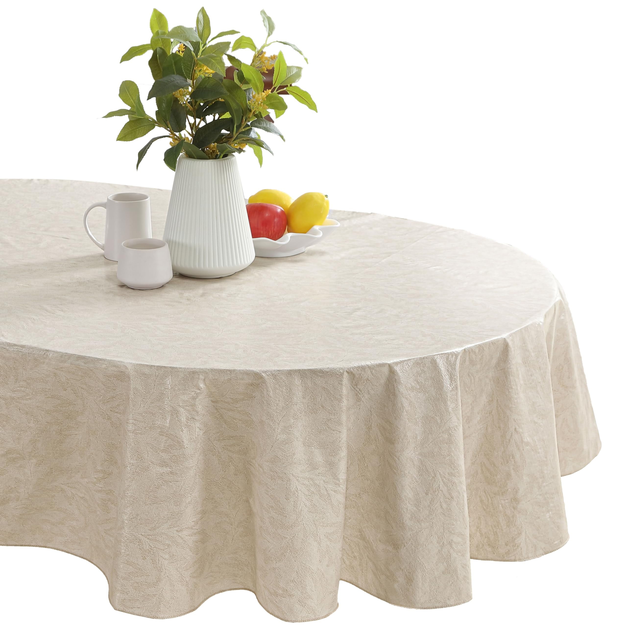 Newbridge Taupe Napa Leaf Solid Color 60 x 84 inch Oval Vinyl Flannel ...