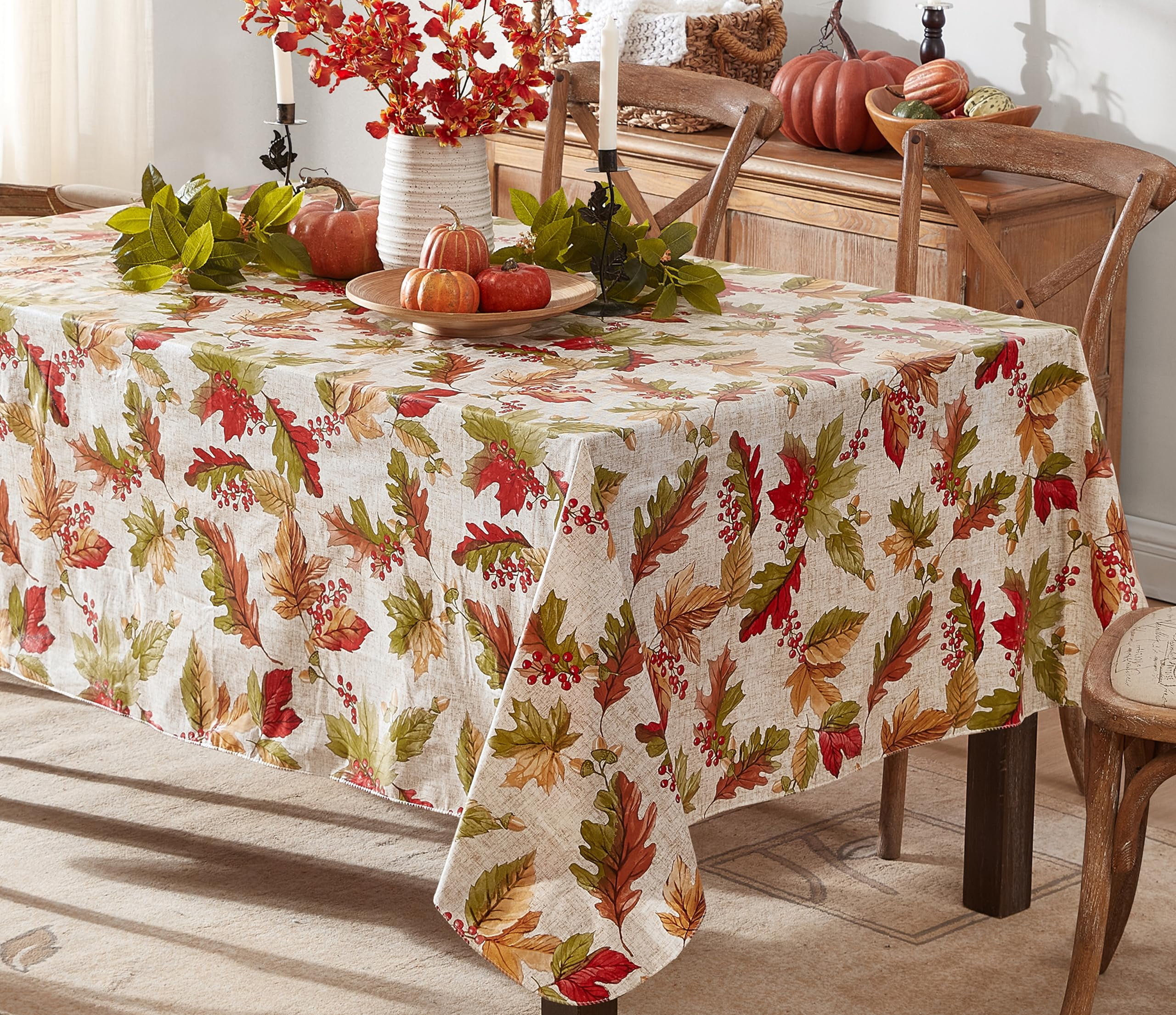 Newbridge Rustic Fall Acorn, Leaf Print Vinyl Tablecloth, Easy Care, 60 ...