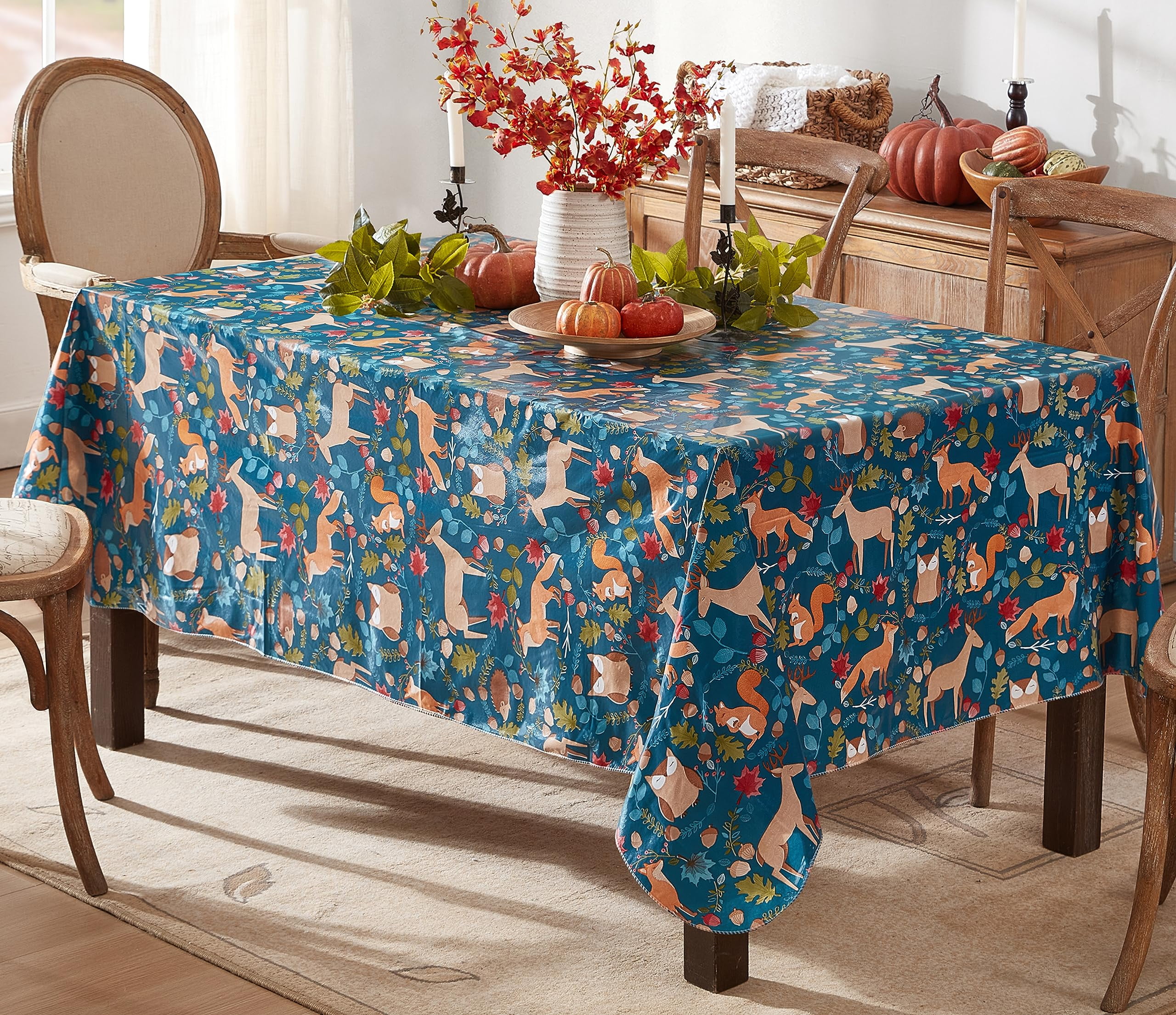 Newbridge Autumn Print Vinyl Tablecloth - Squirrels, Acorns, Deer, Owl ...