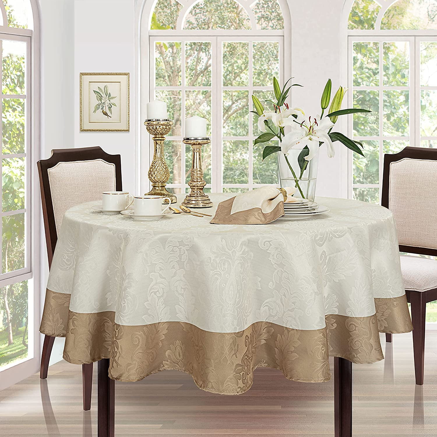 Newbridge Valencia Two Tone Bordered Damask Fabric Tablecloth, Wrinkle ...