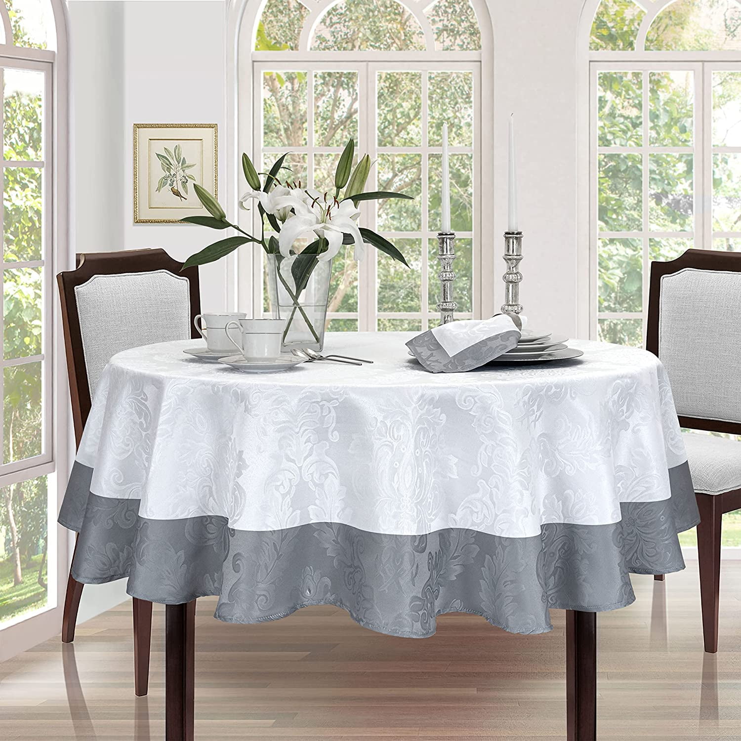Newbridge Valencia Two Tone Bordered Damask Fabric Tablecloth, Wrinkle ...