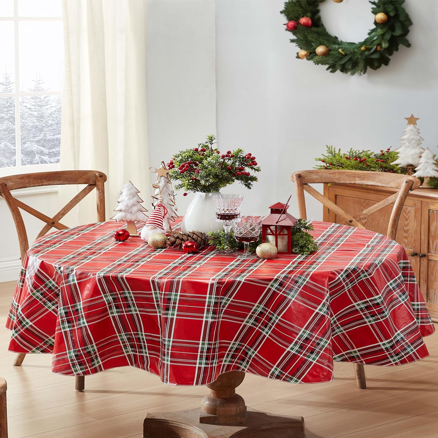 Christmas Plaid Red and Black Check 60 x 84 inch Oval Vinyl Flannel ...