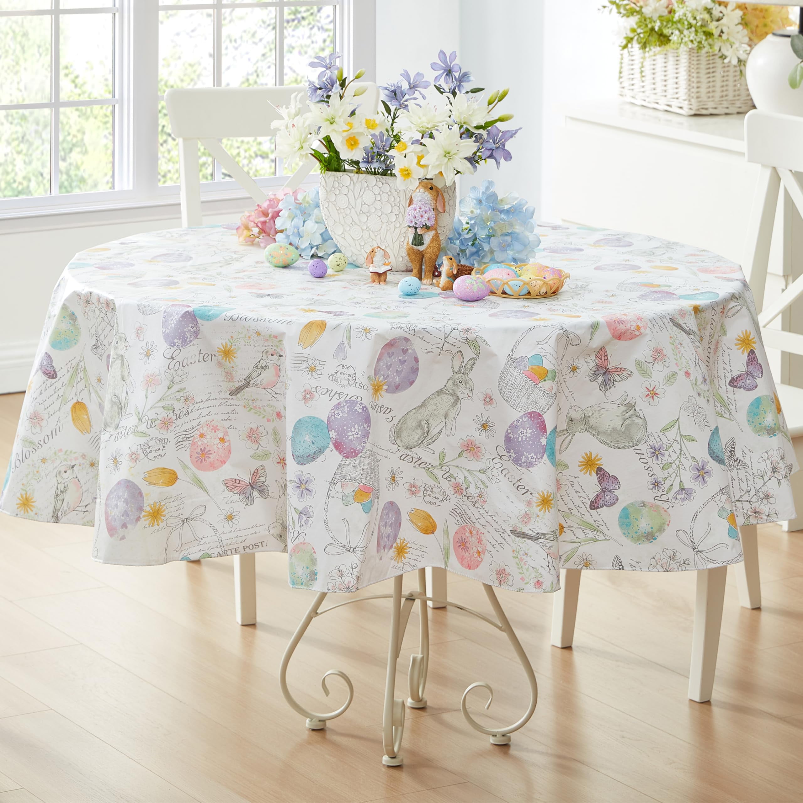 Newbridge Vinyl Round Tablecloth, 70 Inch, Easter Bunny Blossom Flannel ...
