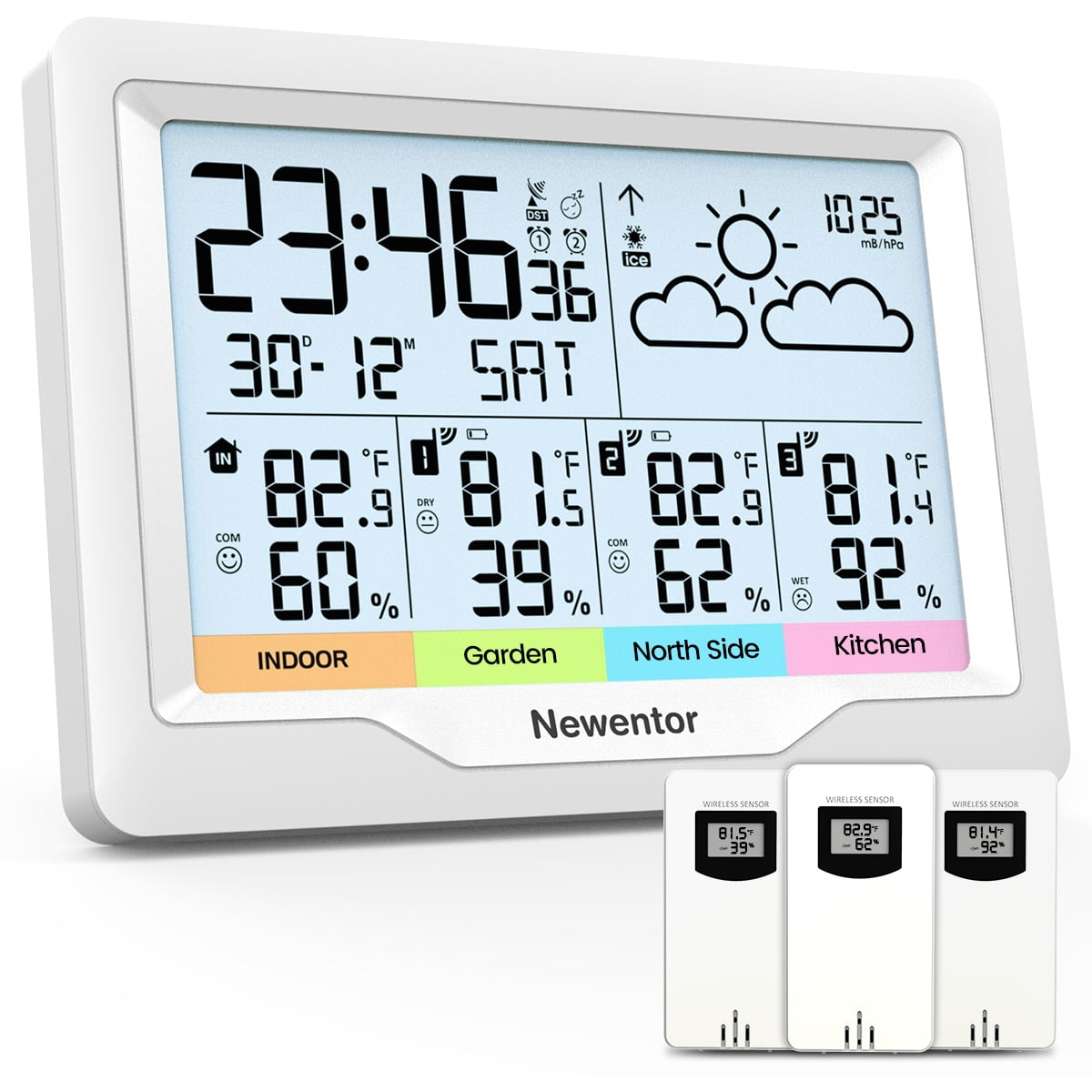 Newentor Weather Station Wireless Indoor Outdoor Multiple Sensors, Thermometer with Atomic ...