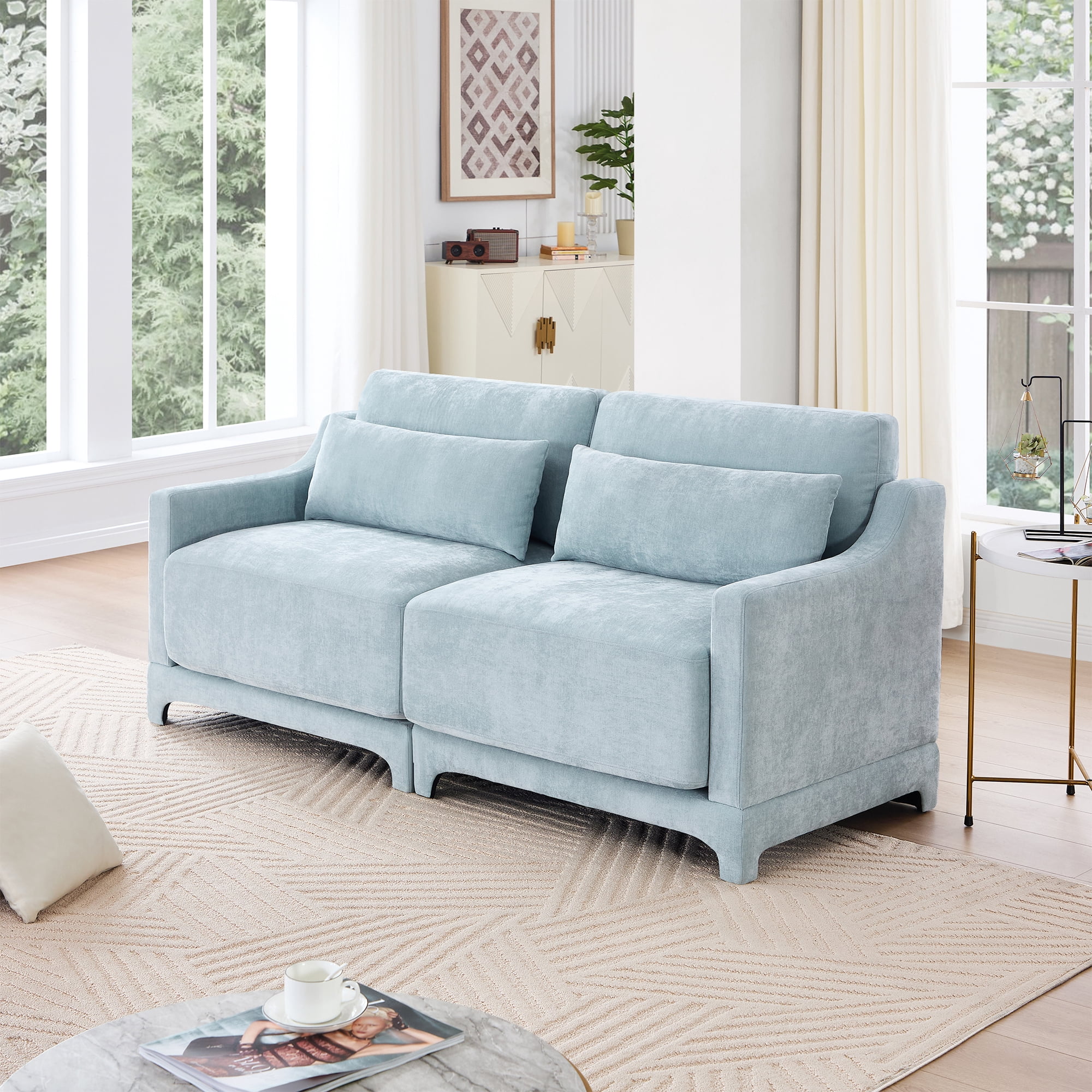 Newest 2-Seat Sky Blue Chenille Sofa with Lumbar Pillows - Ergonomic ...