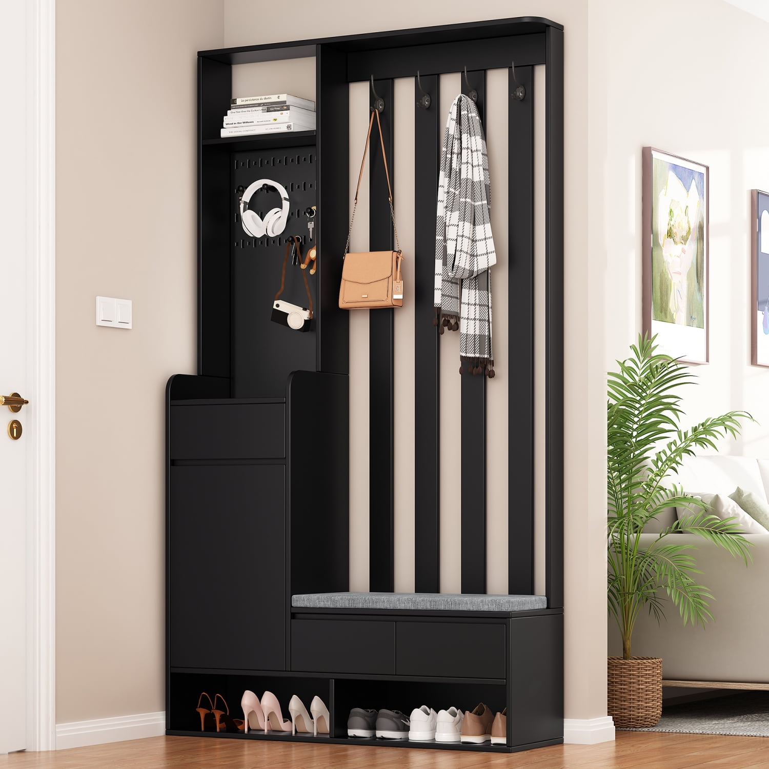 Newest 71 inch Hall Tree Storage with Cushioned Storage Bench ...