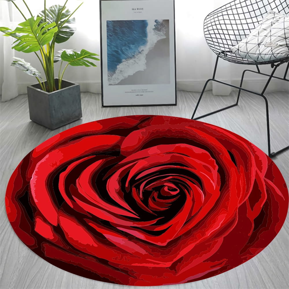Newest Flannel Romantic Red Rose Round Area Rug for Living Room Bedroom ...
