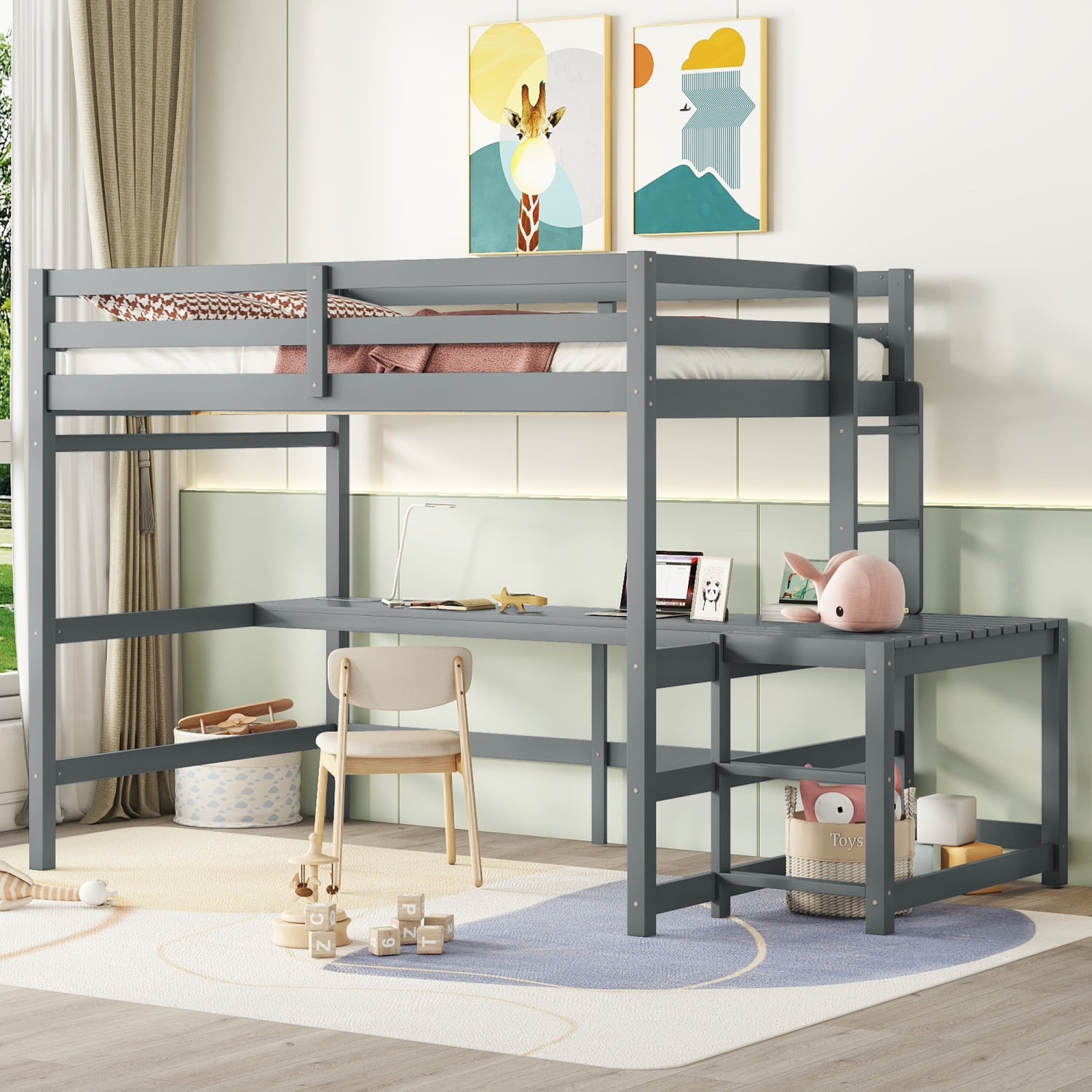 Newest Full Size High Loft Bed with Built-in Desk, Ladder Platform ...