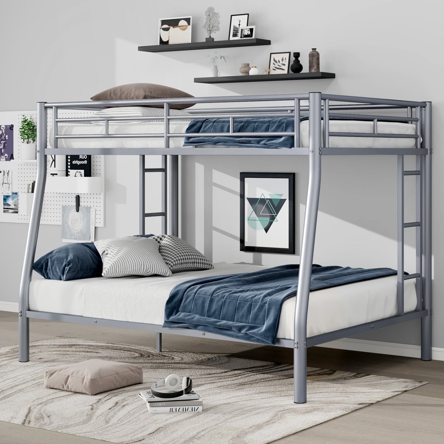 Newest Full XL over Queen Metal Bunk Bed with Ladder and Guardrails ...